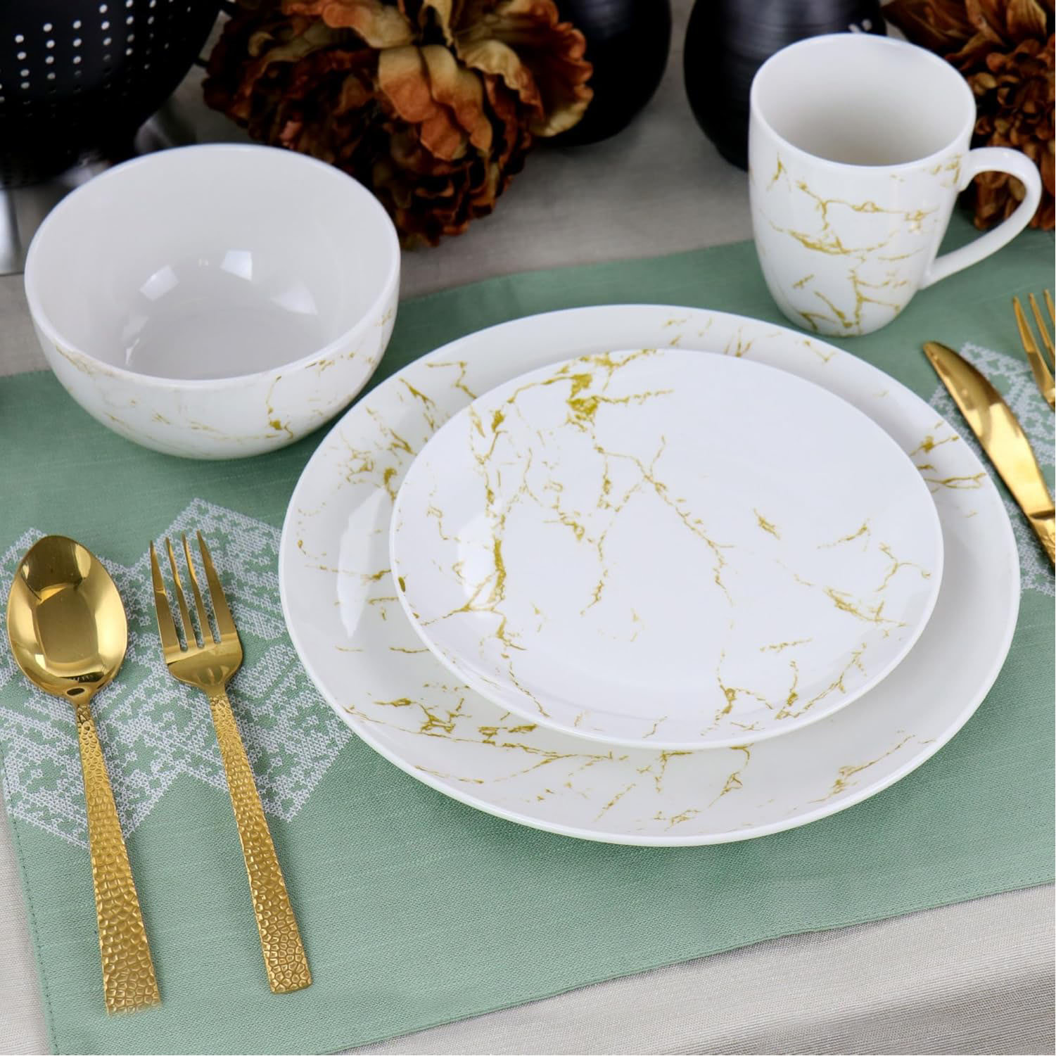 Orren Ellis Exquisite Round Tableware, 16-Piece Set, Marble Texture ...