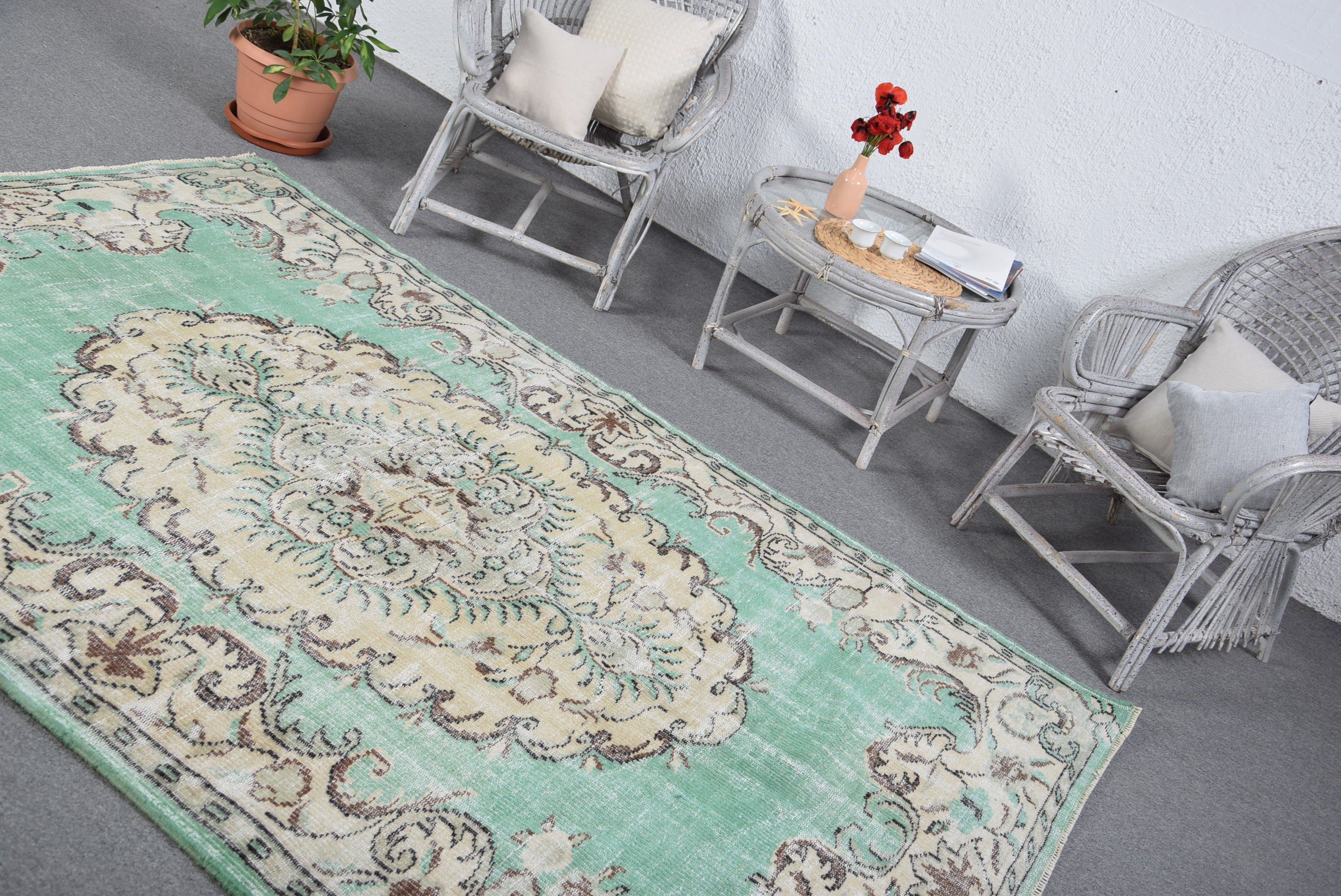 Bungalow Rose Large Green Oushak Rug with Floral Design - Classic ...