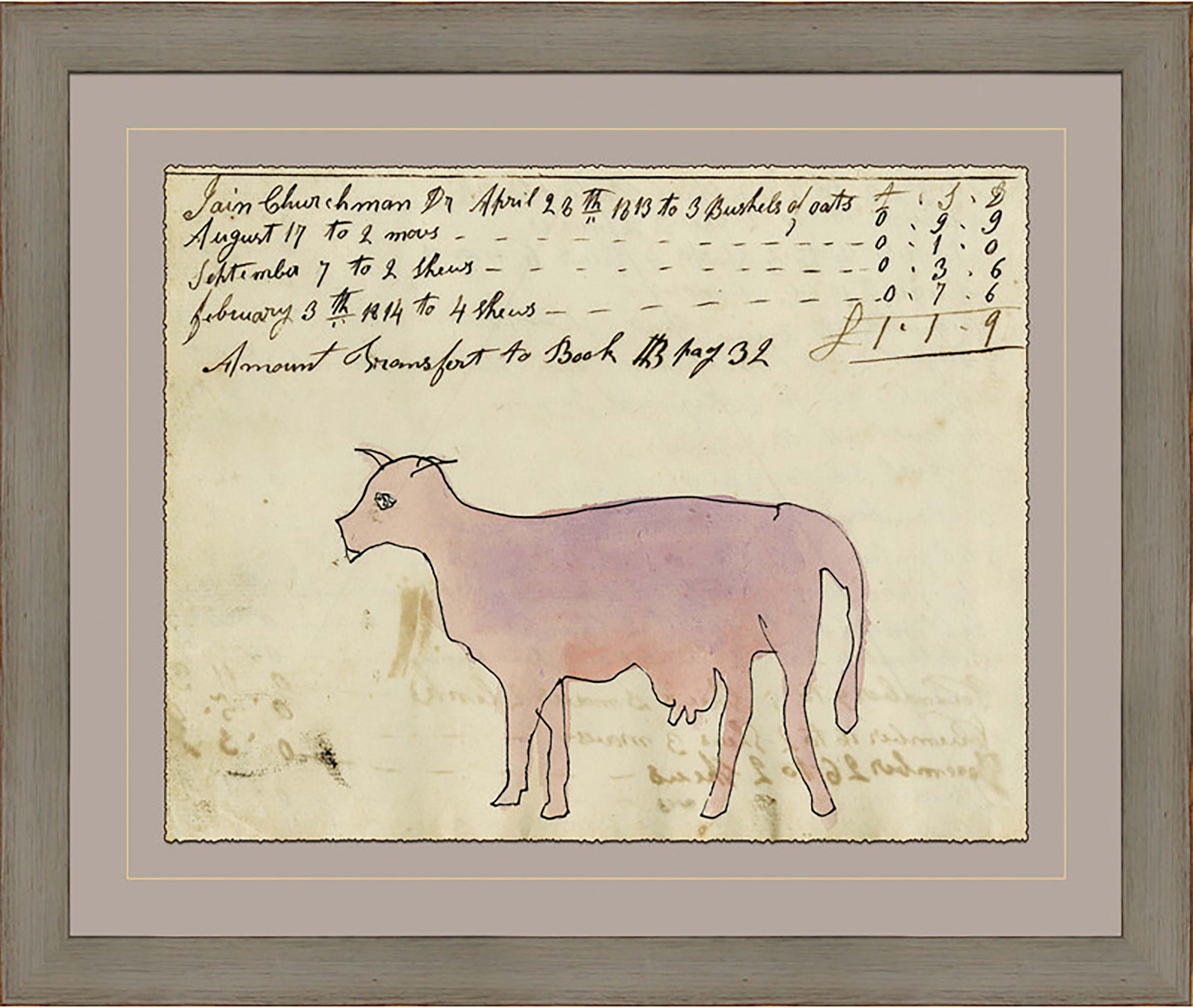 Soicher Marin Pink Cow - Mennonite Ledger Drawing Framed Drawing Print ...