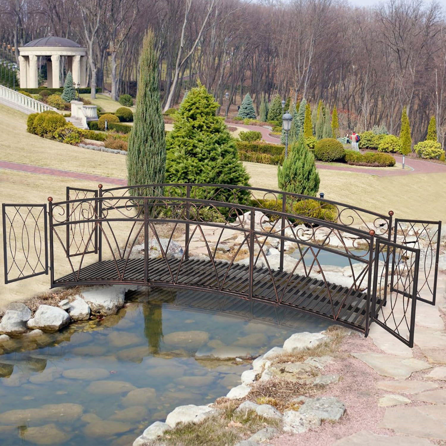 INKEDZ 8 Ft Metal Garden Bridge with Gate and Safety Patterned ...