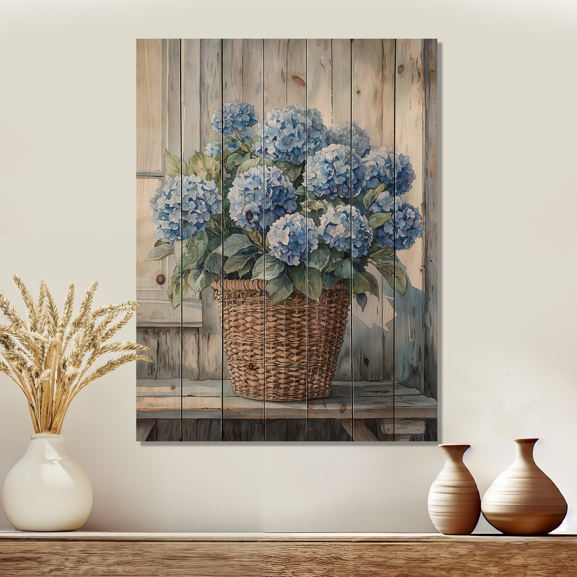 Design Art Hydrangeas In A Farm Basket I - Hydrangea Wood Wall Decor ...
