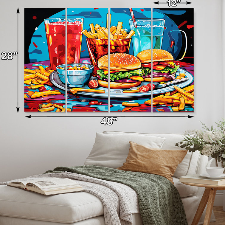 Ebern Designs Pop Art Fast Food Hamburger Meal II On Canvas 4 Pieces ...