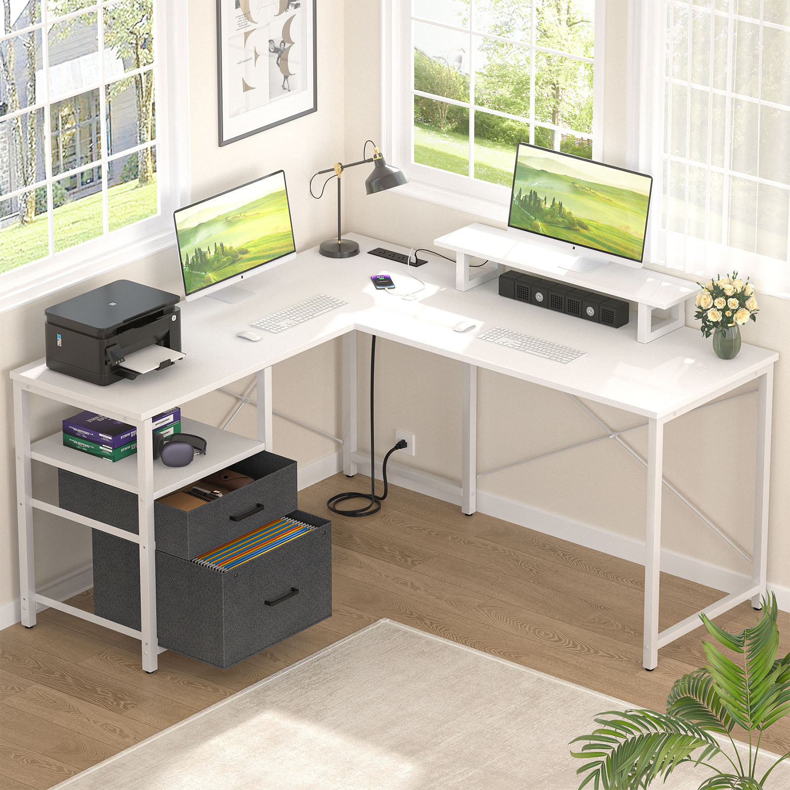 Inbox Zero L Shaped Computer Desk With Storage File Drawer, Reversible ...