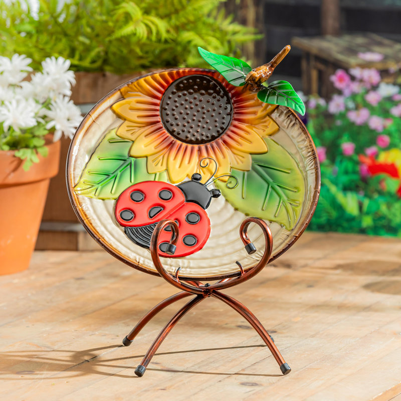 August Grove® 17" Metal Bird Bath, Ladybug & Sunflower | Wayfair