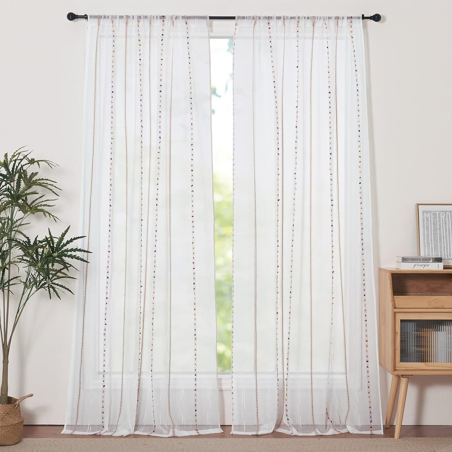 Latitude Run® Faux Linen Stripe Pattern Sheer Curtains,Colorful Rainbow ...