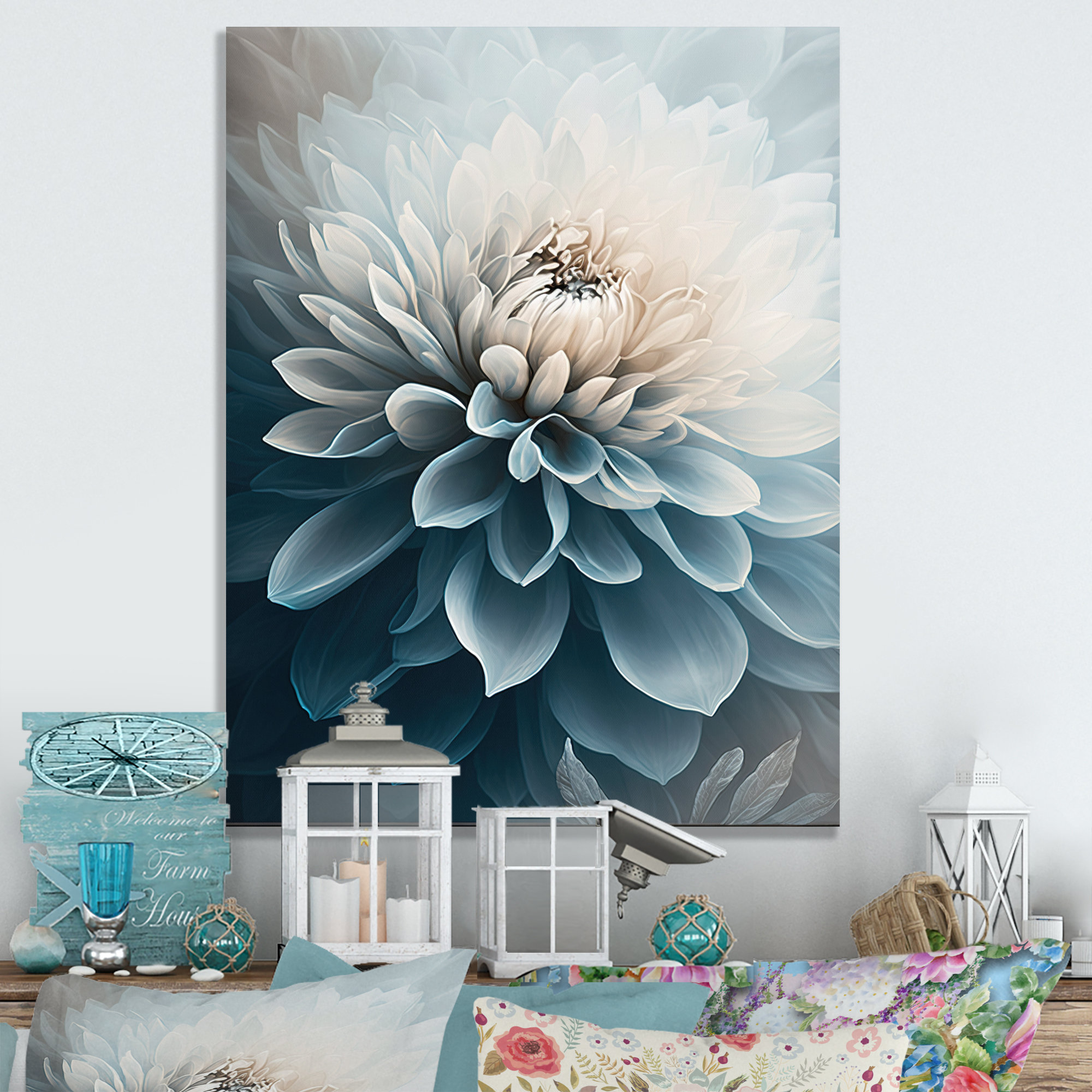 Wildon Home® Dahlia Flowers Blue And White I - Dahlia Framed Canvas ...