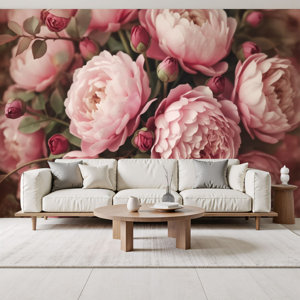 Red Barrel Studio® Peel and Stick Wallpaper Soft Pink Peonies Rosebuds ...