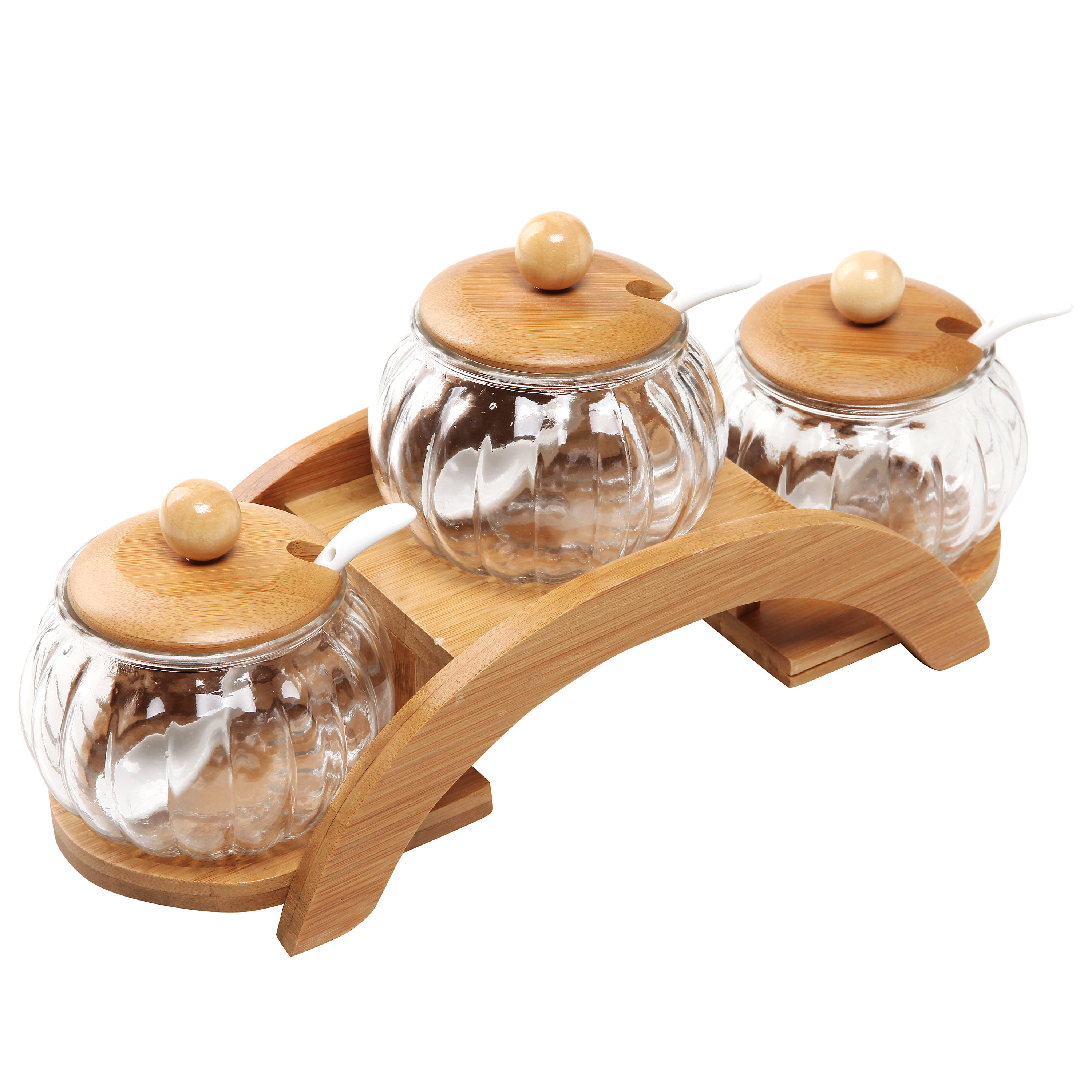 Prep & Savour 3-Bowls Glass Condiment Server Set Bamboo Tray Rack ...