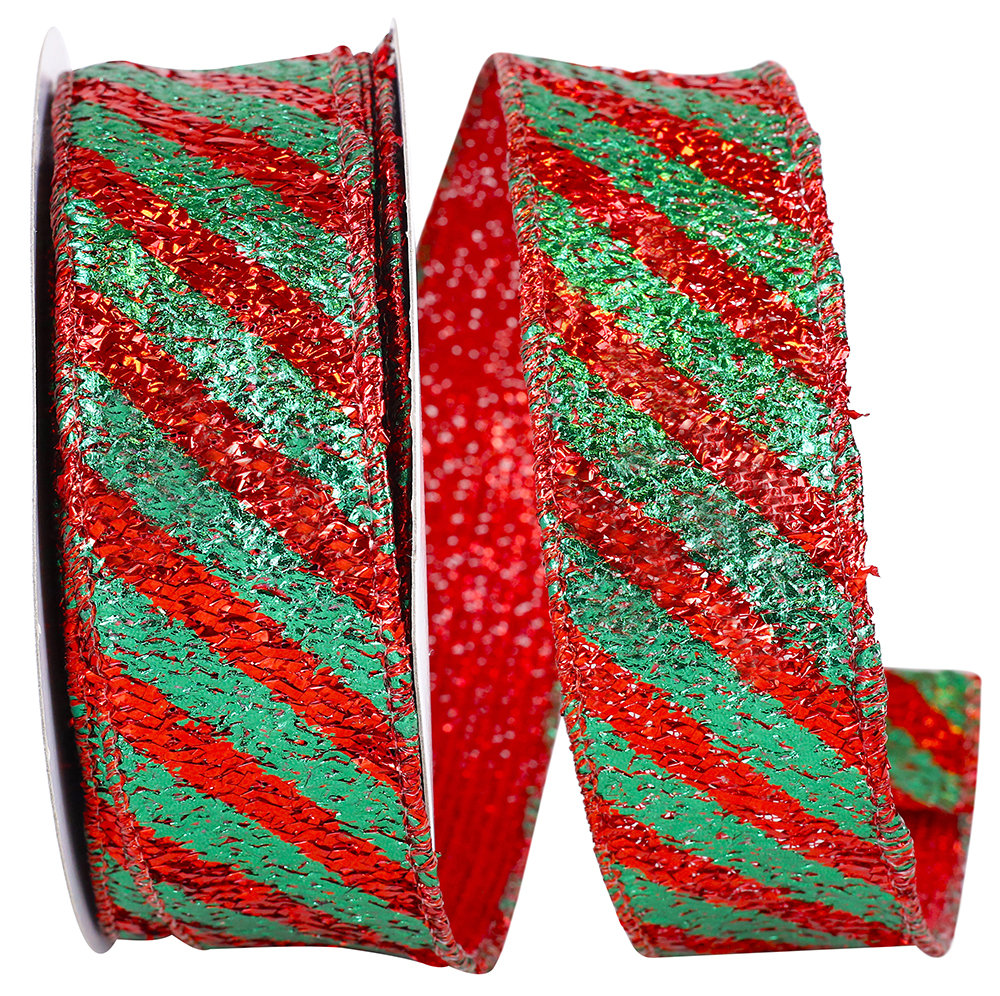 The Holiday Aisle® Diagonal Metallic Stripe Wired Edge Ribbon | Wayfair