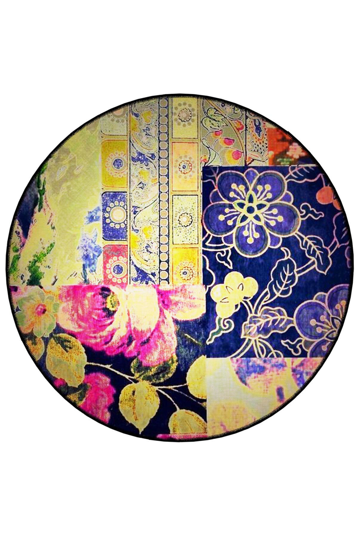 Hokku Designs Round Multicolor Shapes and Flowers Detailed Woven Base ...