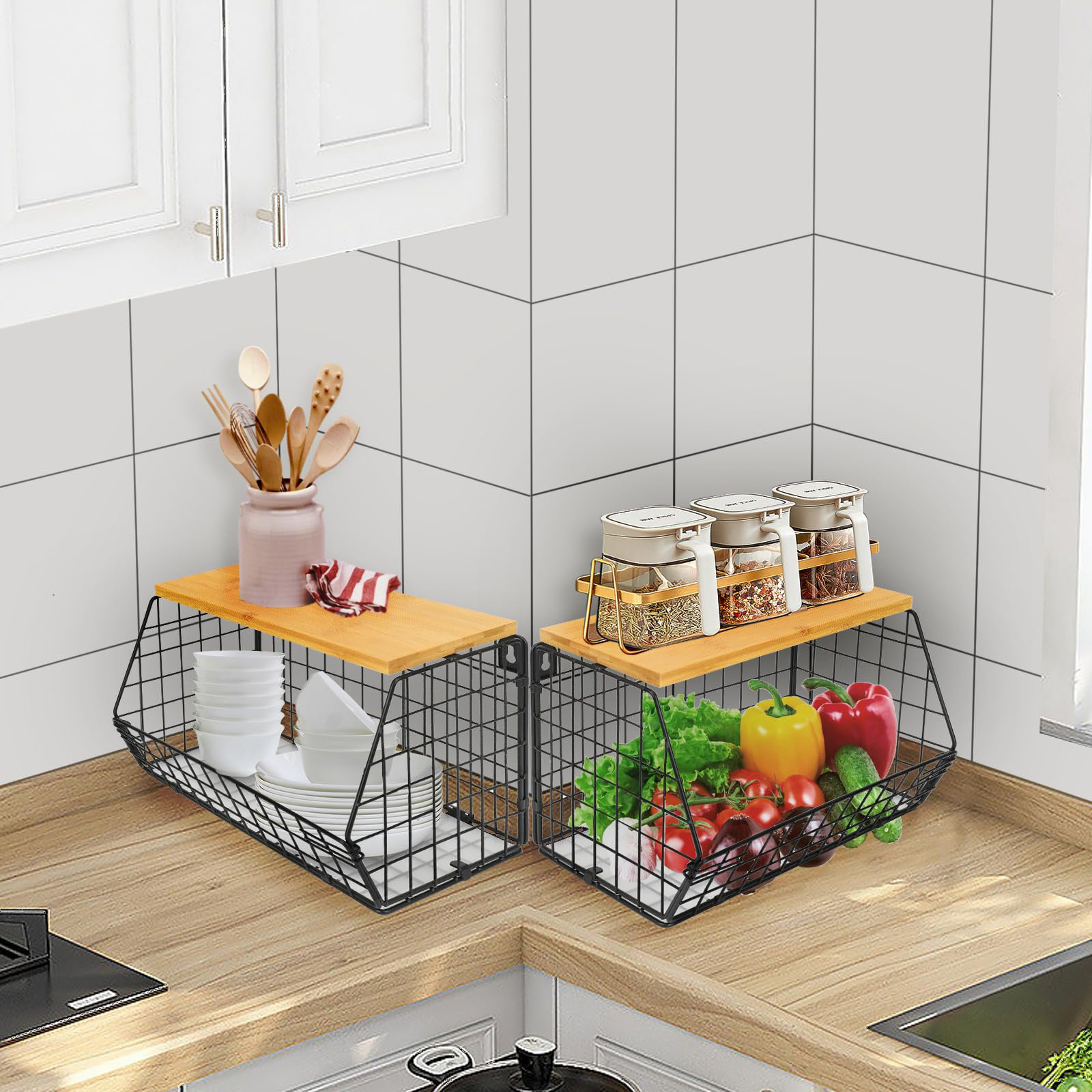 17 Stories Fruit Basket For Kitchen Counter 2 Pack, Stackable Wall ...