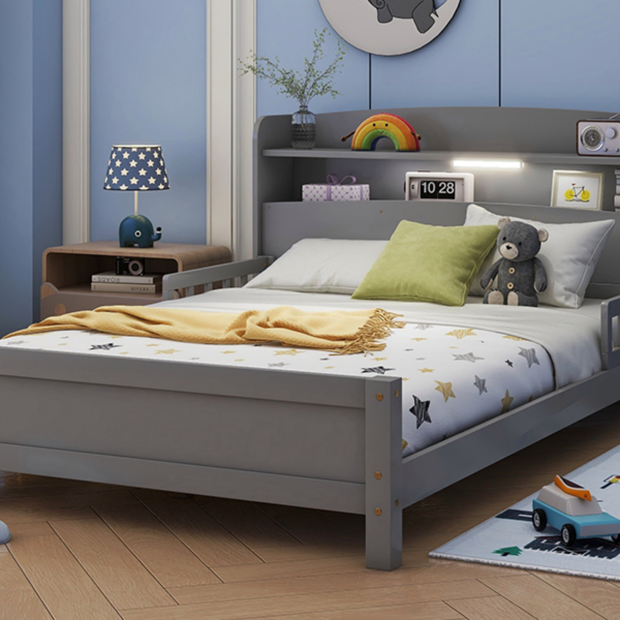 Harriet Bee Full Pine Wood Bed With Bookcase Headboard ,LED Motion Sensor Light, Bed Guardrails ...