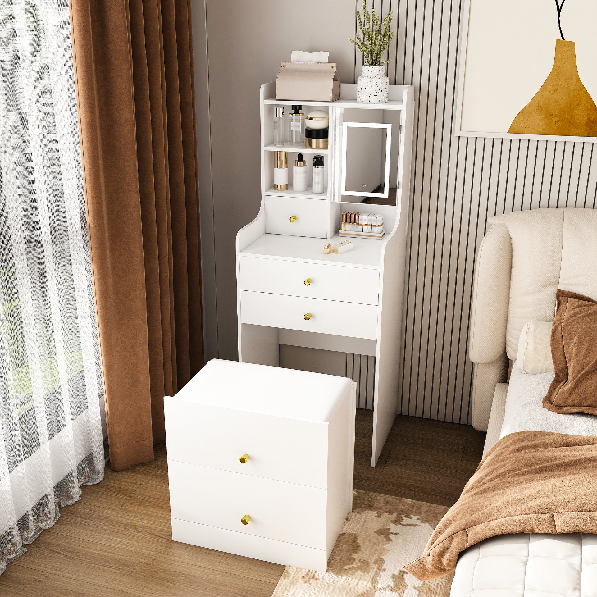 Latitude Run® Compact 31 Dressing Table With Led Lighting, Hidden Stool ...