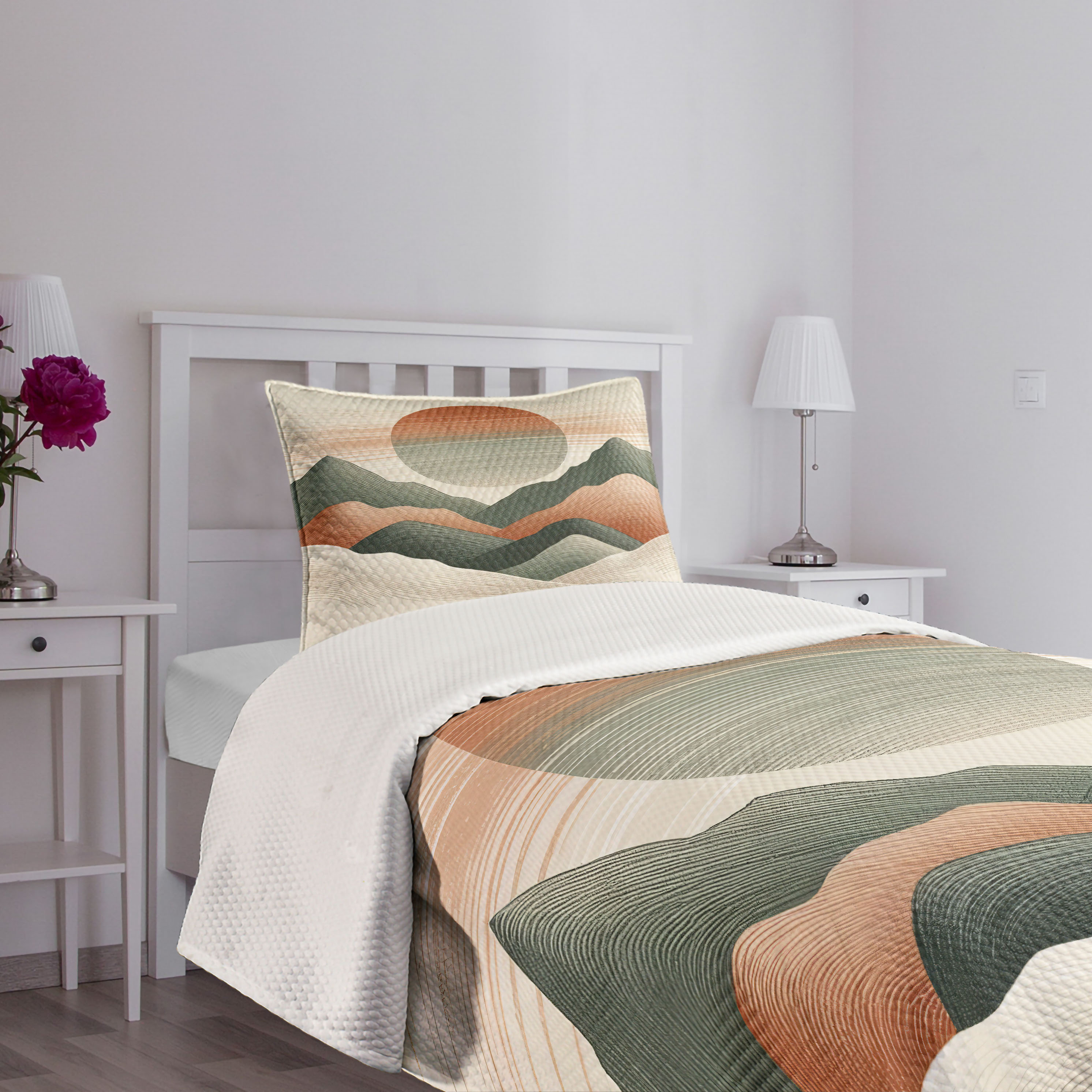 Ambesonne Neutral Bedspread Set Mountains and Sunset Print Beige Burnt ...