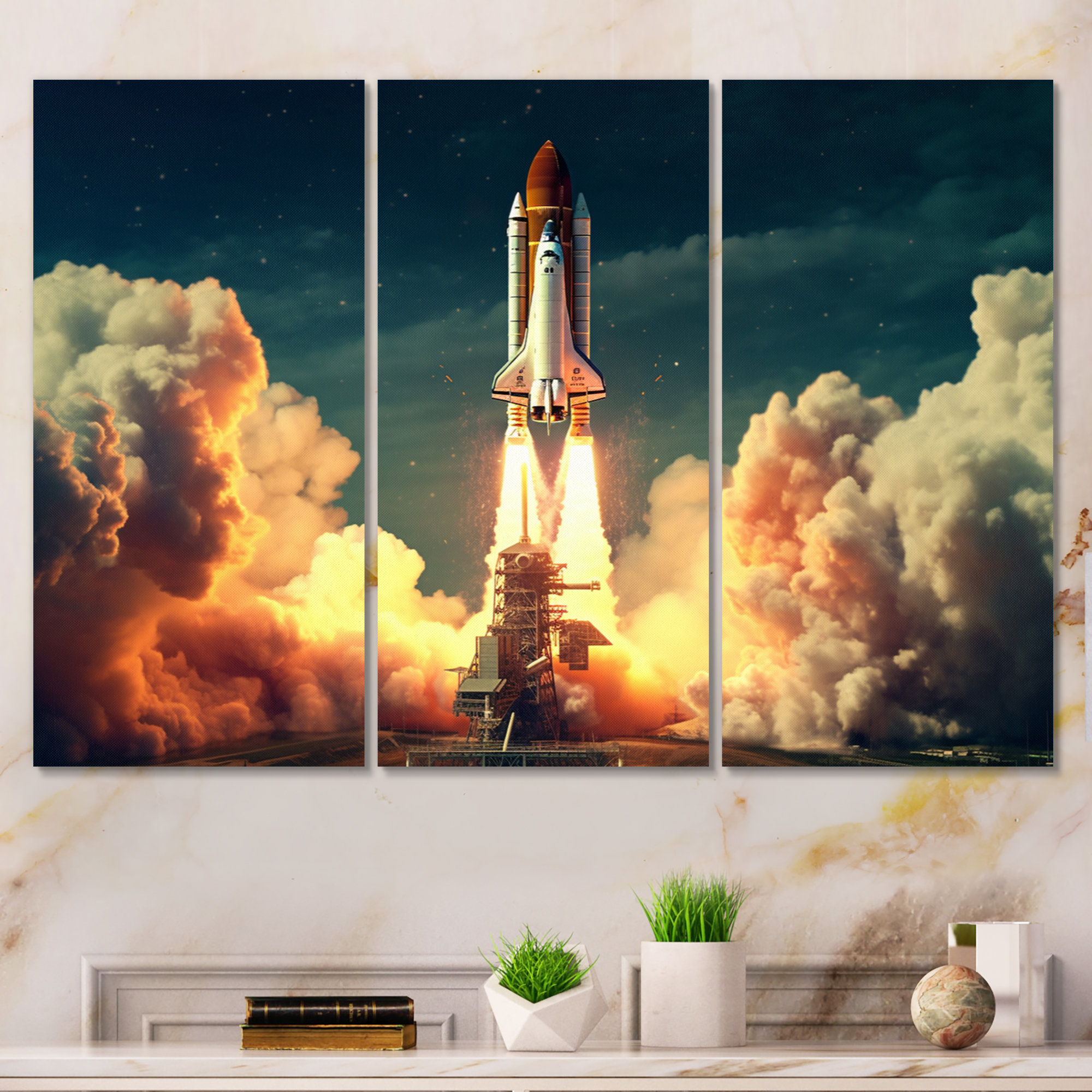 Winston Porter Vintage Spaceship Rocket II - 3 Piece Wrapped Canvas ...