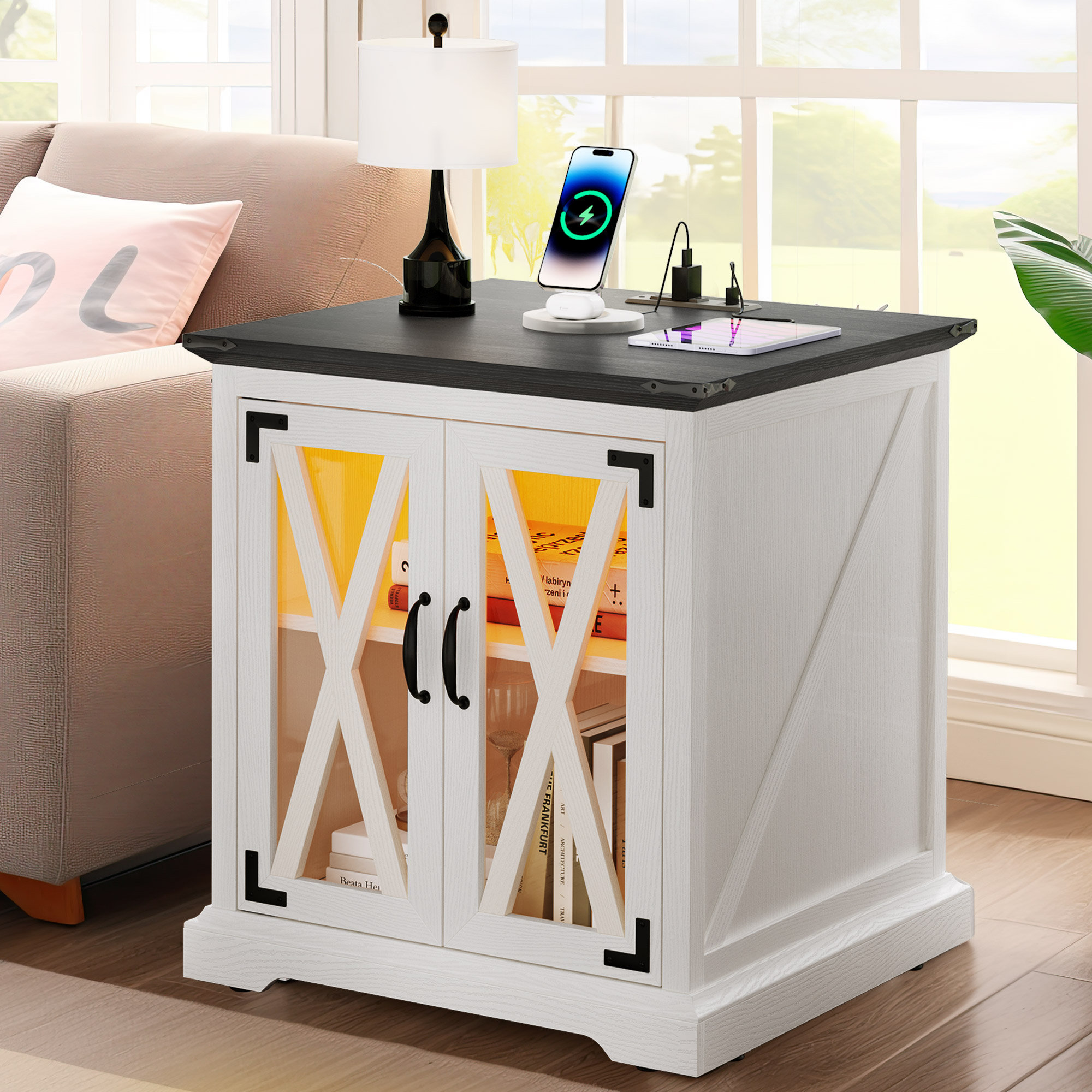 Gracie Oaks Nevaen 25'' H X 24'' W Wood Farmhouse End Table with Power ...
