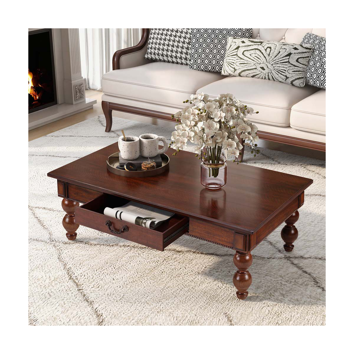 Charlton Home® Rectangular Wooden Coffee Table with Storage Drawer ...