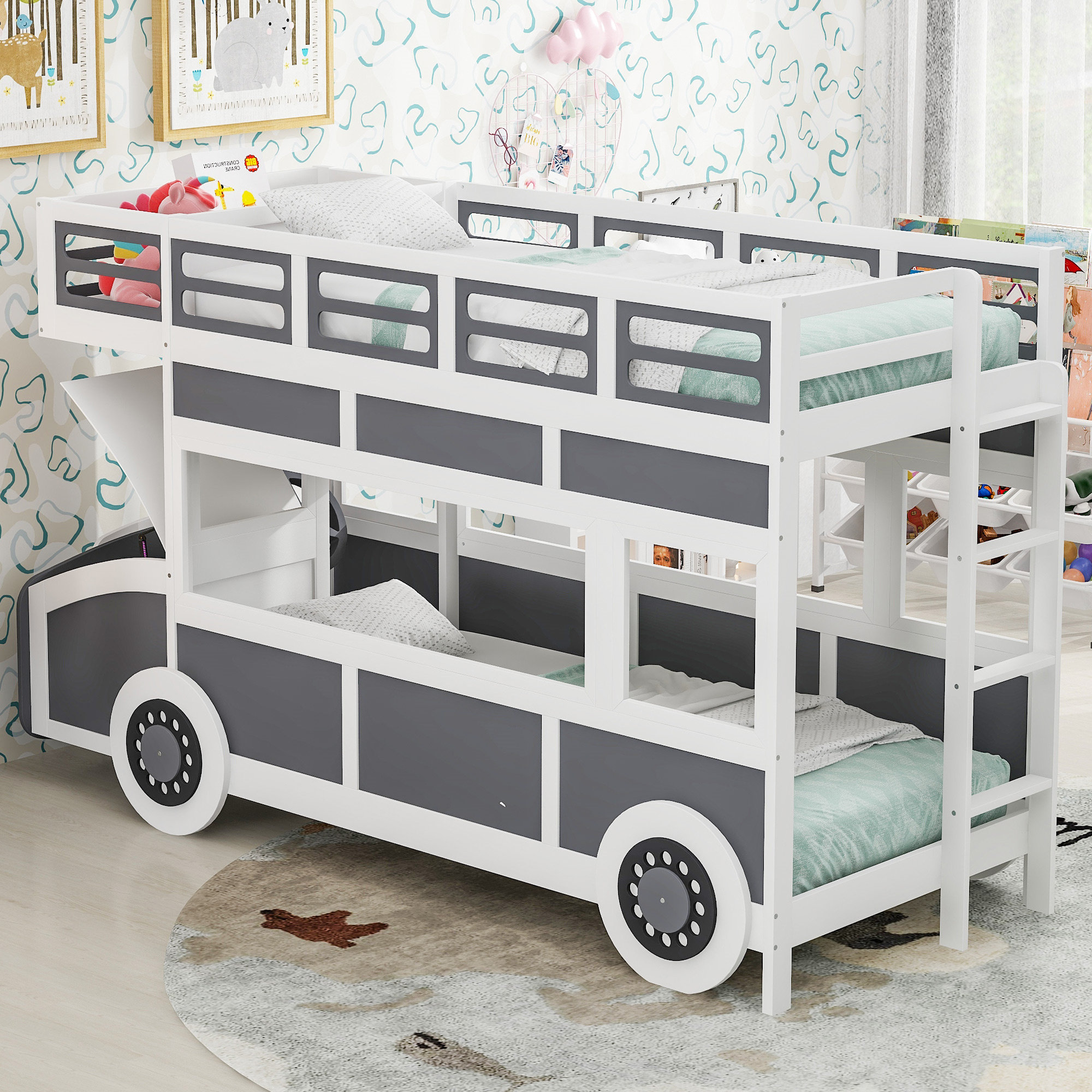 Latitude Run® Twin over Twin Bus-shaped Bunk Bed with Wheels and ...