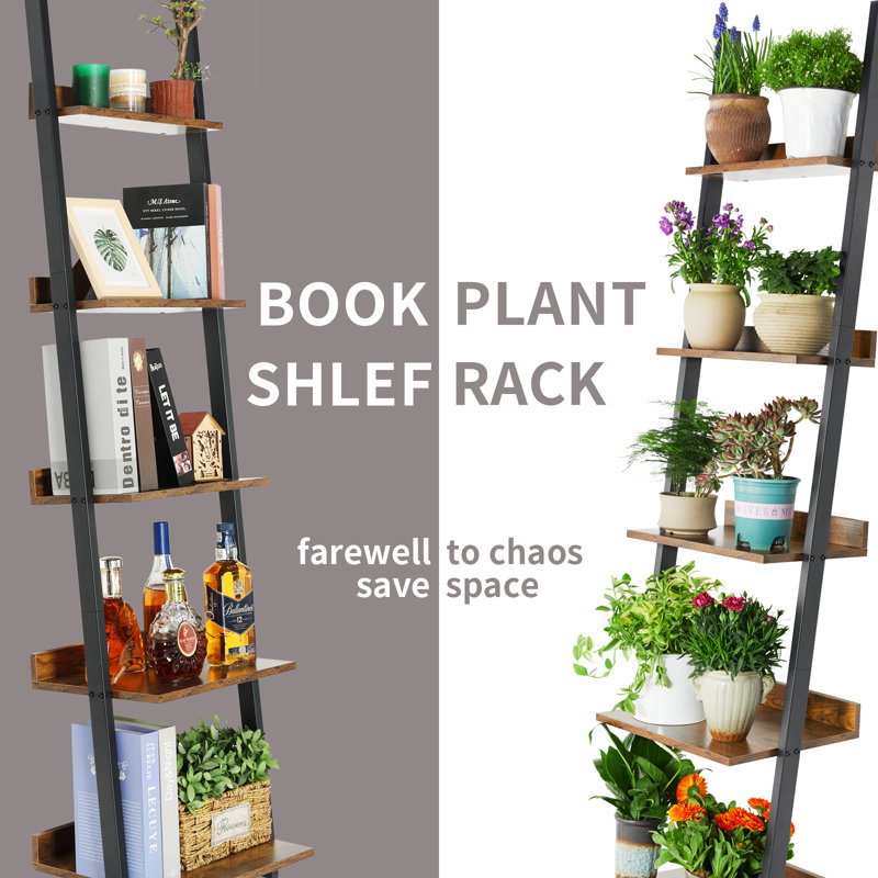 17 Stories 5 Tier Ladder Shelf-Wood & Metal Bookcase,Wall Mount ...