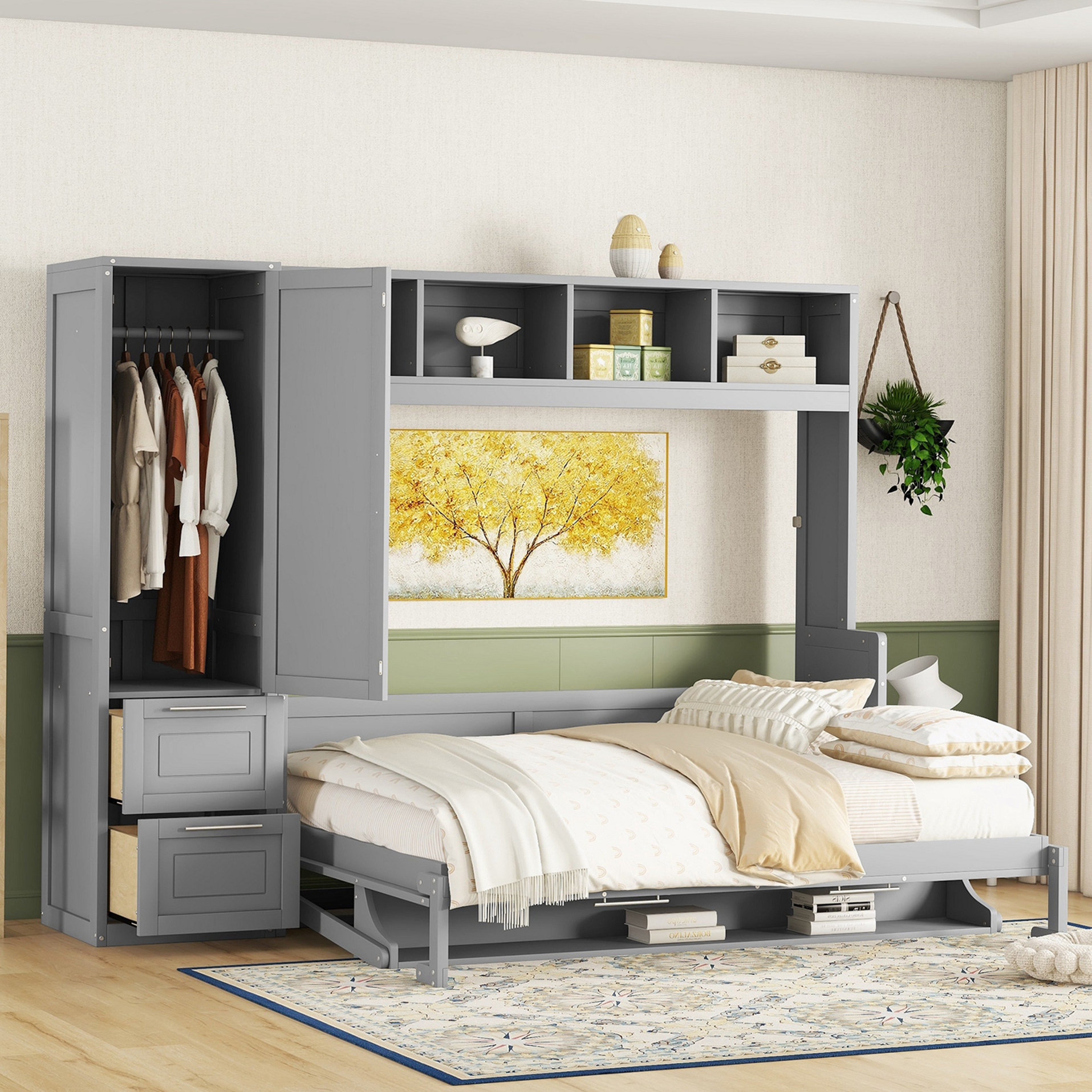 Red Barrel Studio Ajae Murphy Bed with Storage Bookcase, Drawers and ...