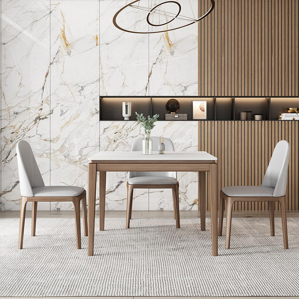 Mass Furni Table de salle à manger blanche et brun clair avec pierre carrée et bois massif ...