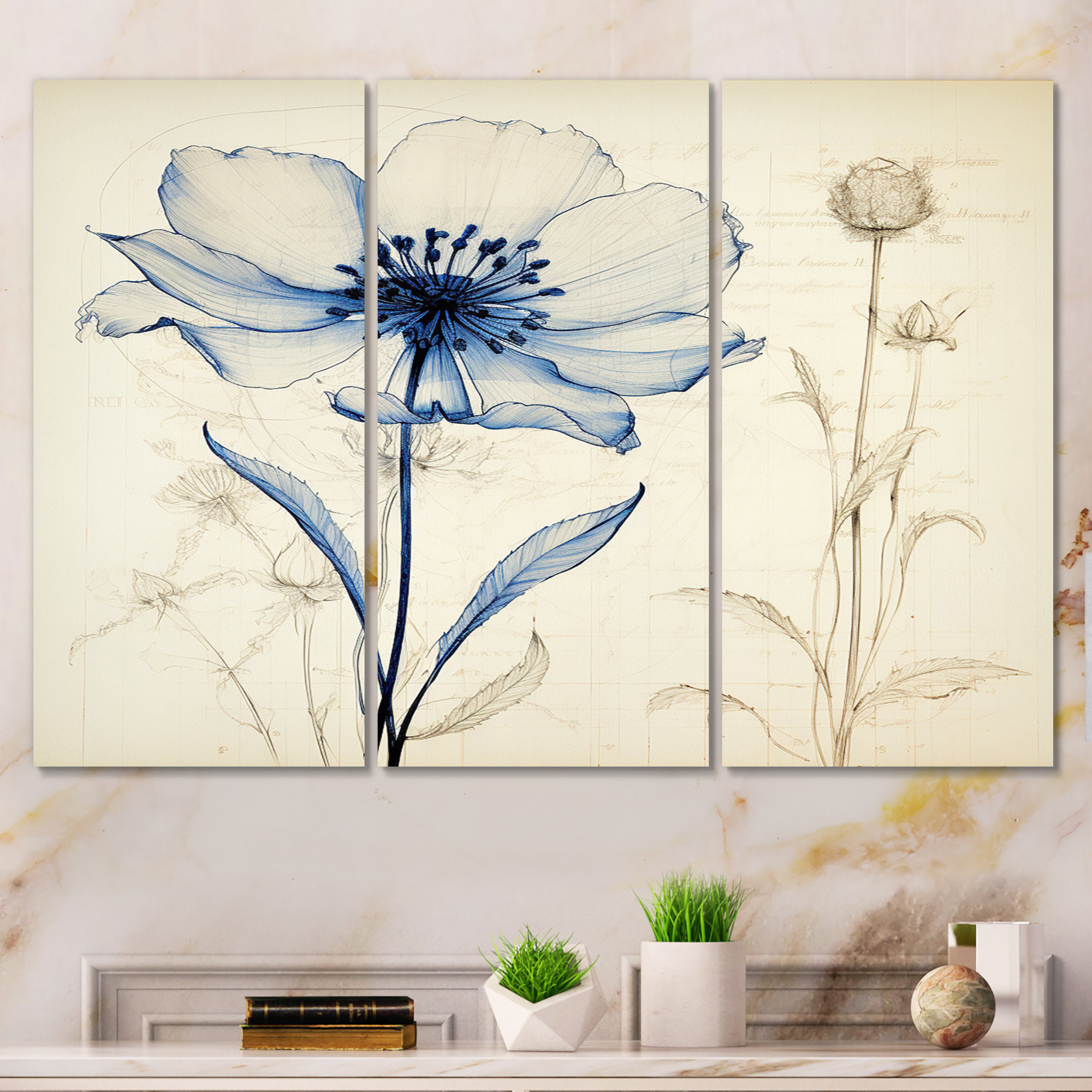 Design Art Vintage Illustration Of Blue Daisy Flower II - Daisy Canvas ...