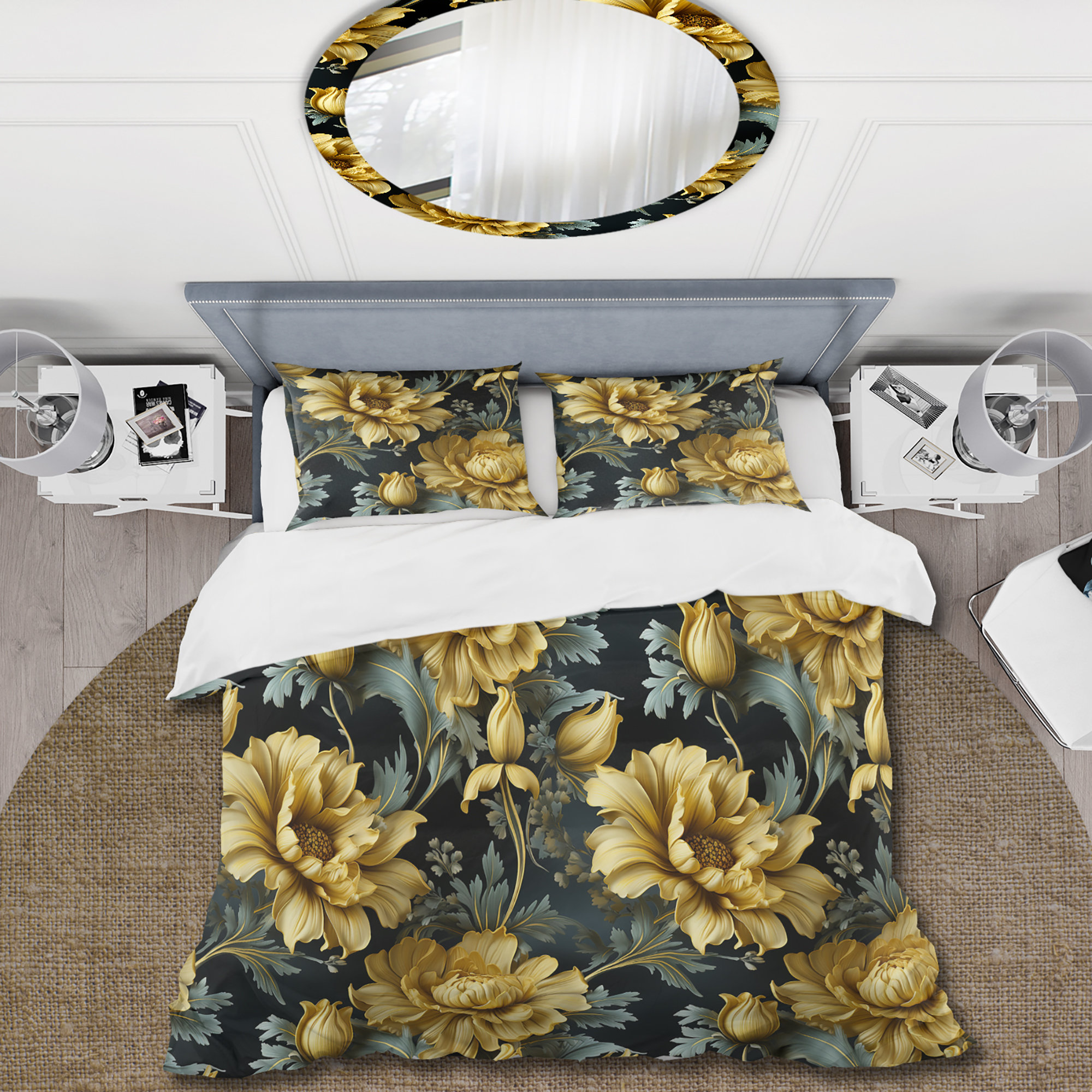 Design Art Dark Blue And Yellow Damask Realm - Damask Duvet Cover Set ...