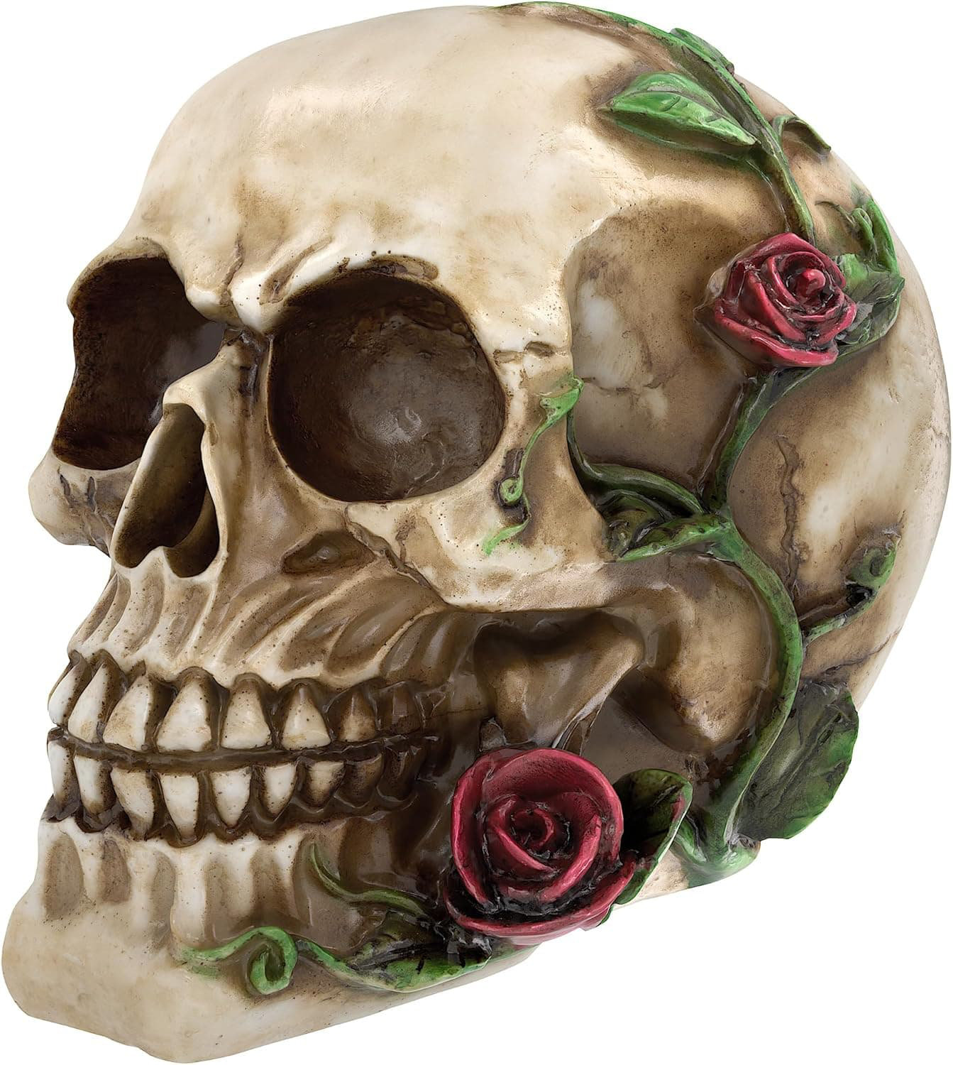Mercer41 Small Human Skull with Rose Resin Statue - Collectible ...