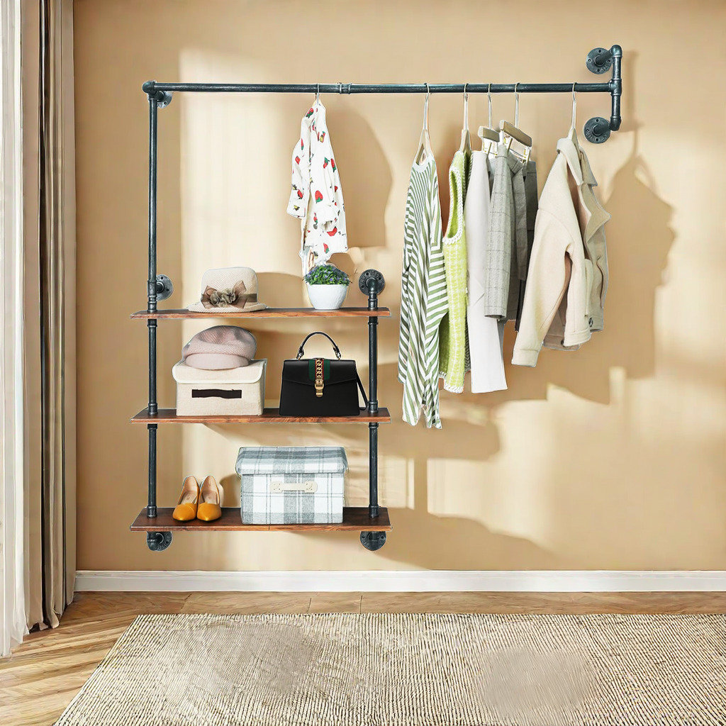 Williston Forge Industrial Pipe Clothes Rack, Wall Mounted Clothing ...