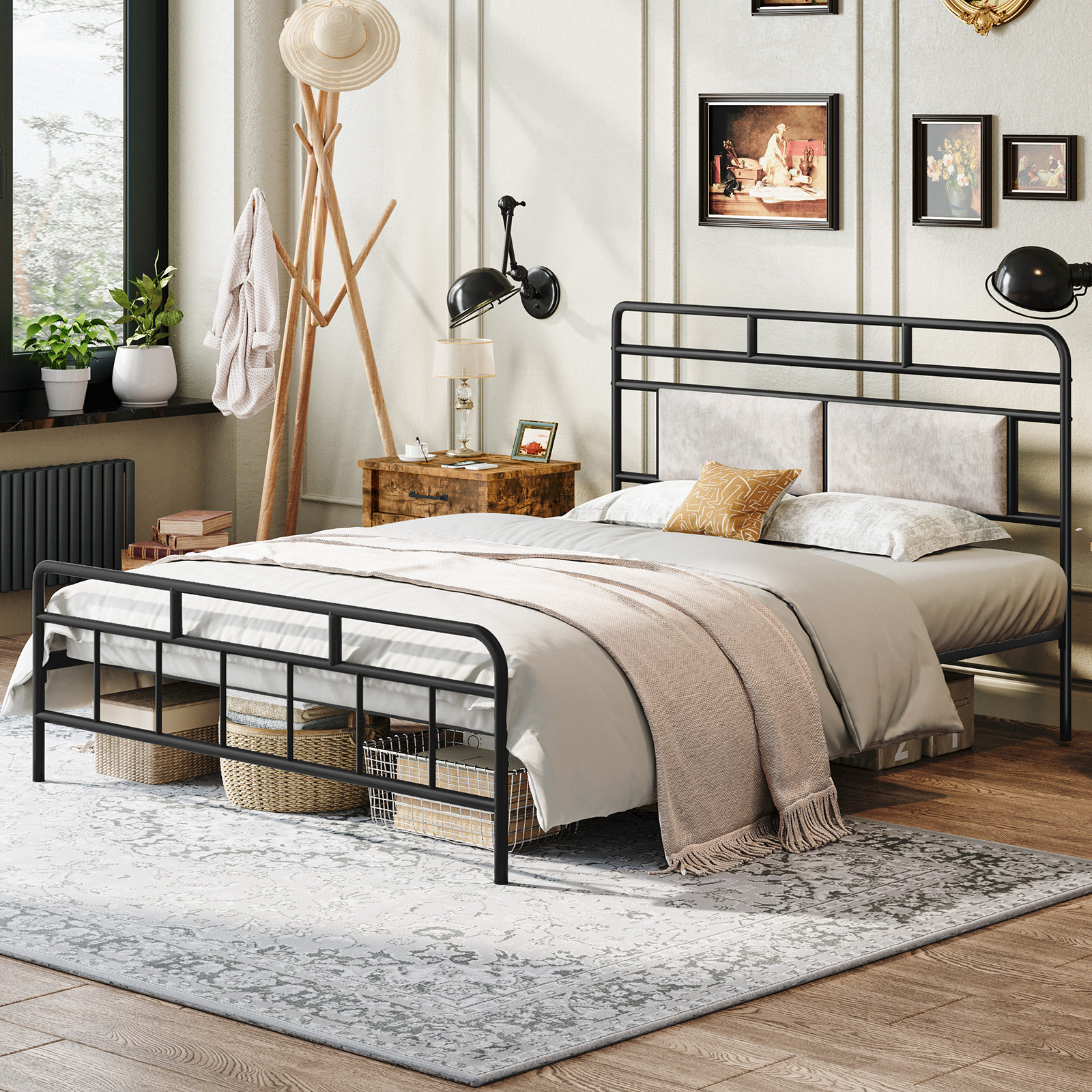 17 Stories Elleise Metal Open-Frame Bed with Upholstered Headboard ...