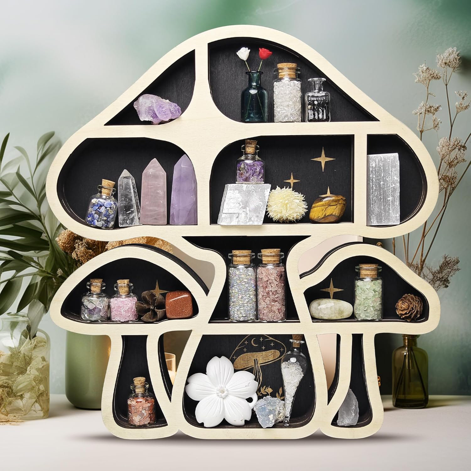 Gracie Oaks Wooden Mushroom Floating Shelf For Wall - Crystal Display ...