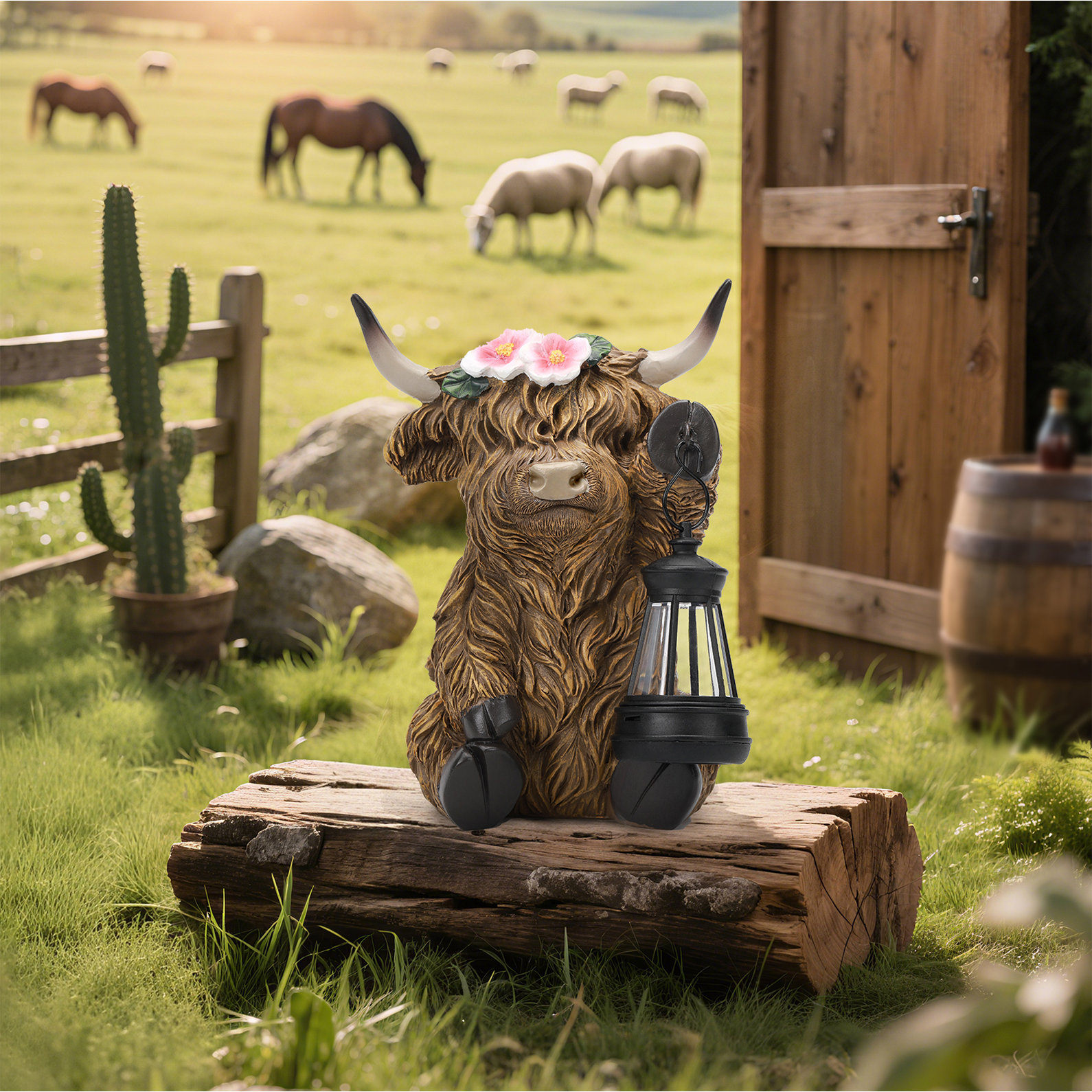 Arlmont & Co. Solar Highland Cow Garden Lantern - Farmhouse Decor Resin ...