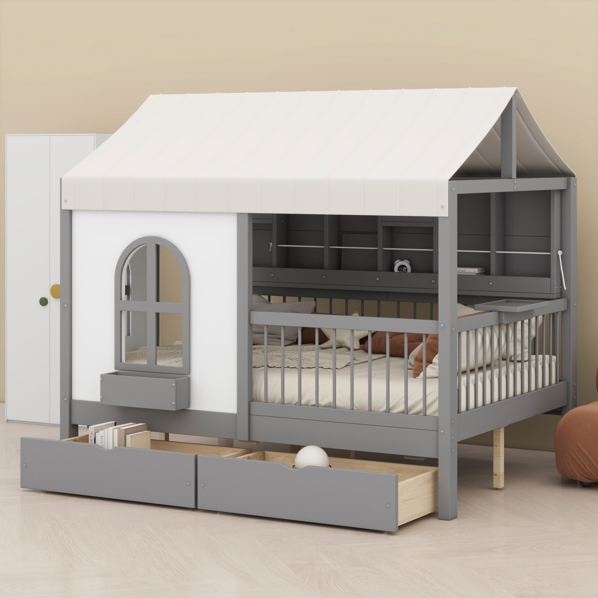 Latitude Run® House Bed With 2 Large Drawers, Side Bookshelf With LED ...