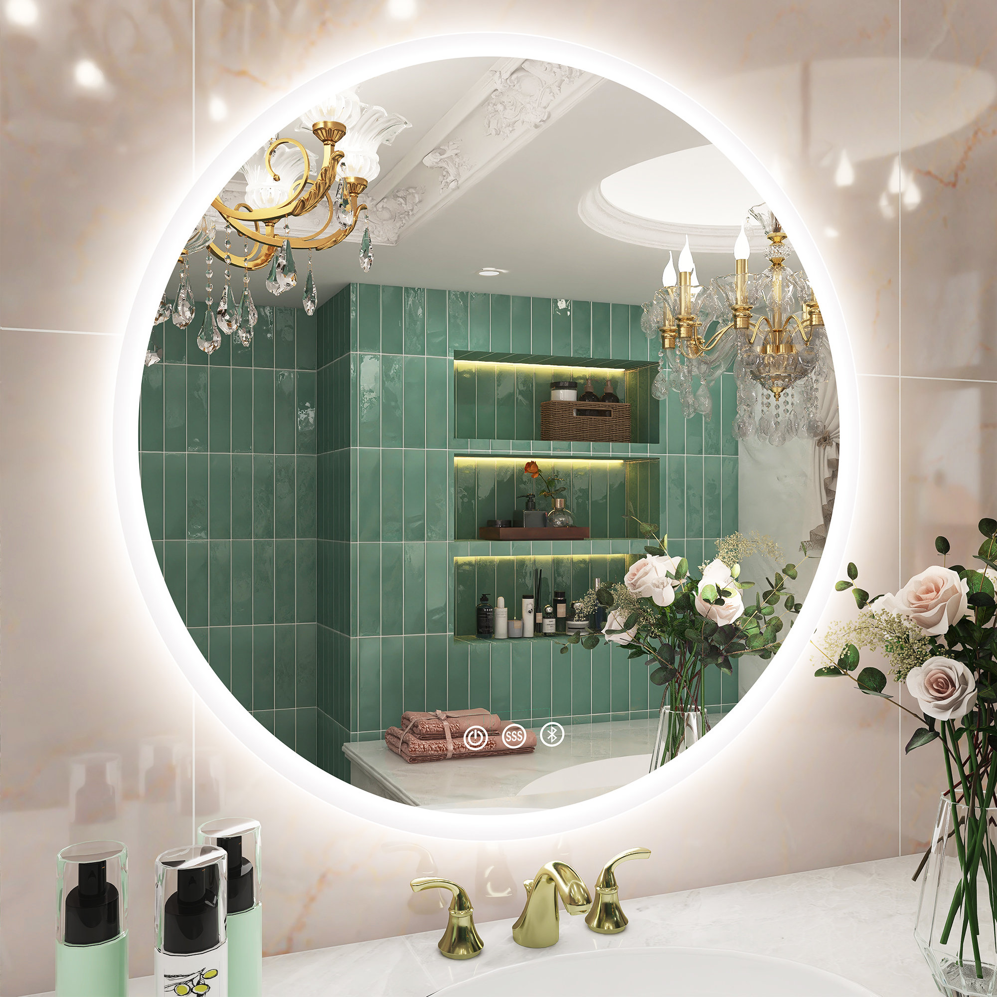 Ivy Bronx Round LED Vanity Mirror with Defogging, Bluetooth, and ...