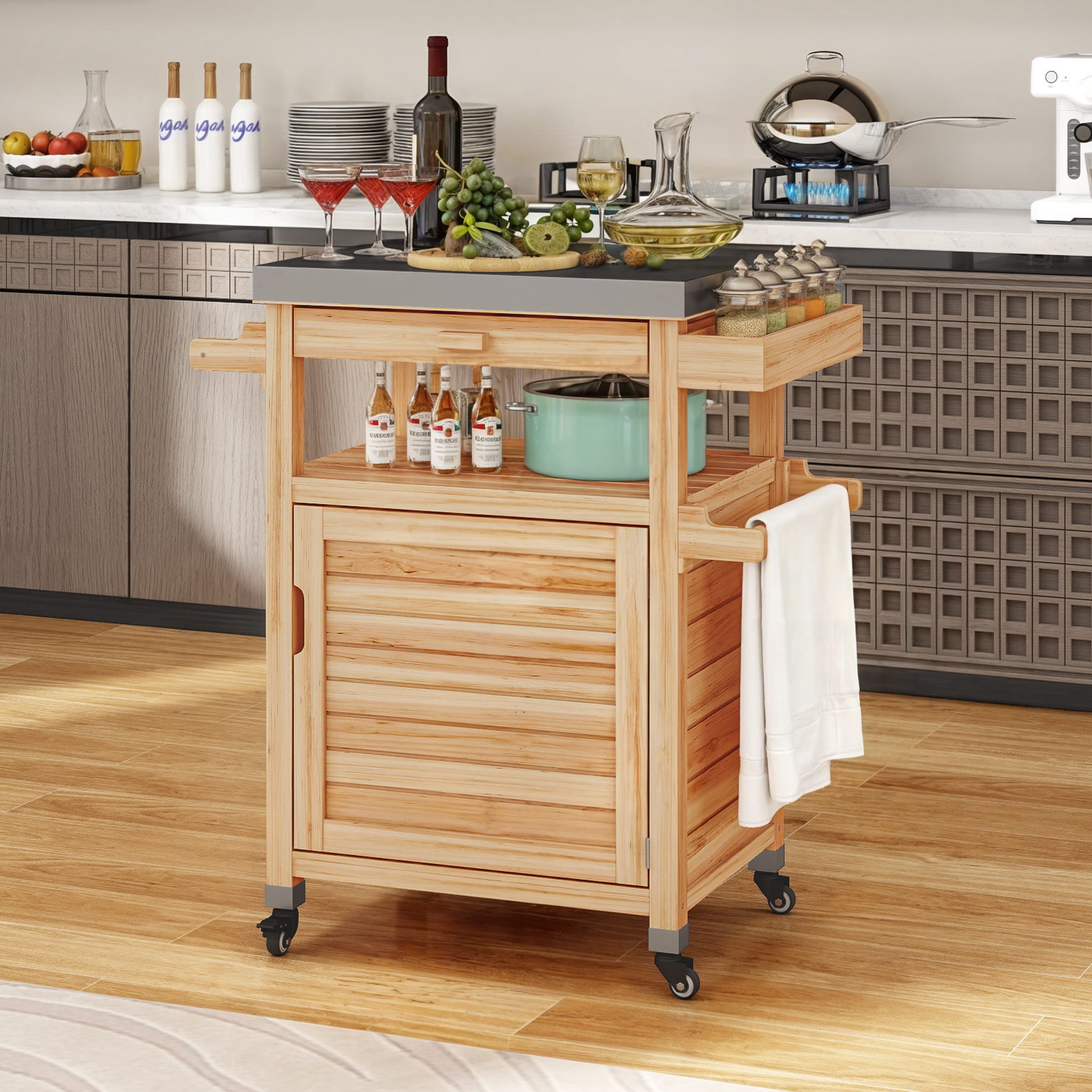 Gracie Oaks Outdoor Storage Cabinet Wooden Movable Patio Table with ...