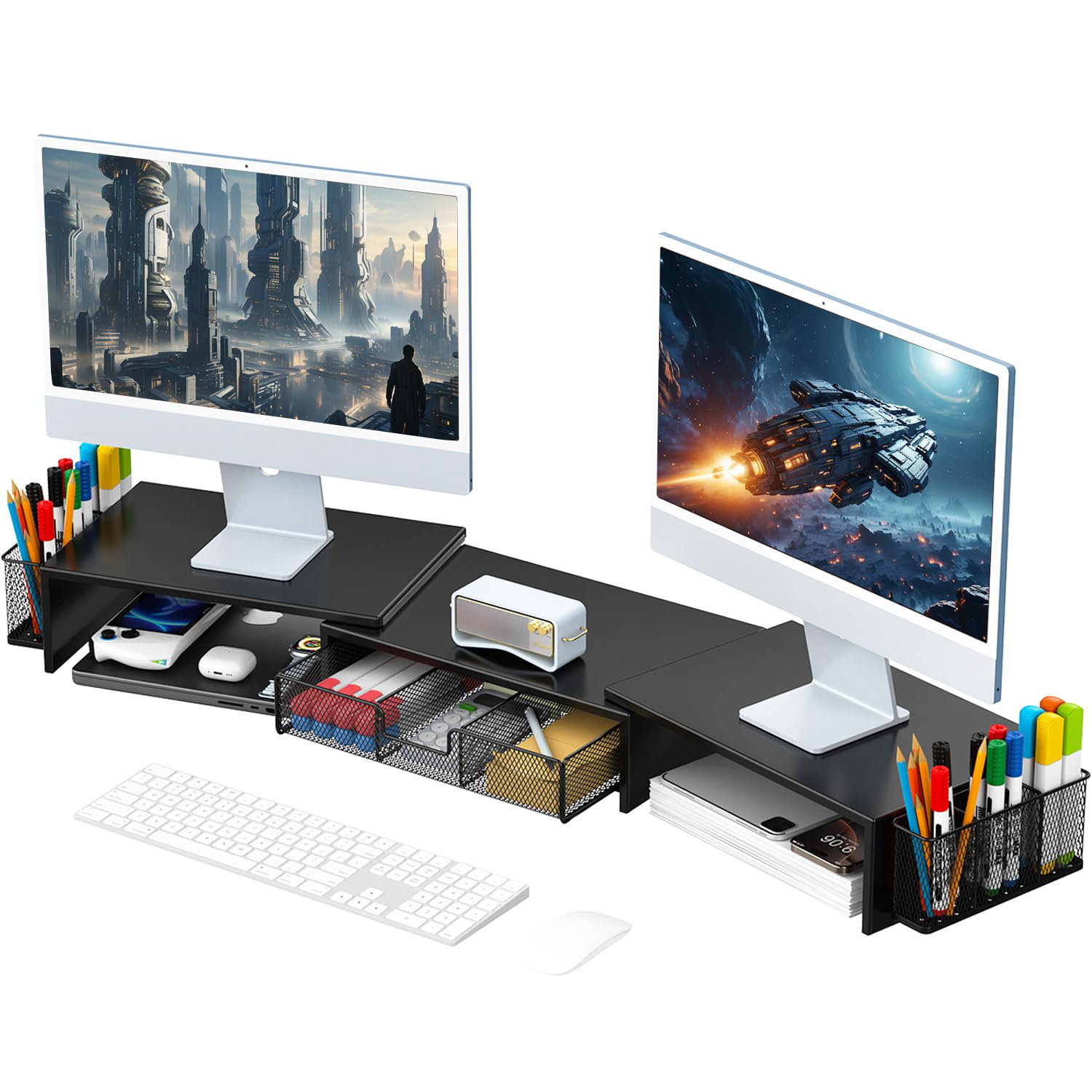 ELEMENTARY ENTERPRISE LLC Dual Monitor Stand Riser, Desk Organizer With ...