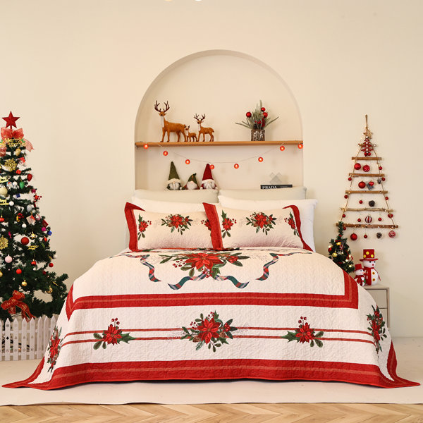 The Holiday Aisle® Janaid Beige/Red Microfiber Reversible Quilt Set ...