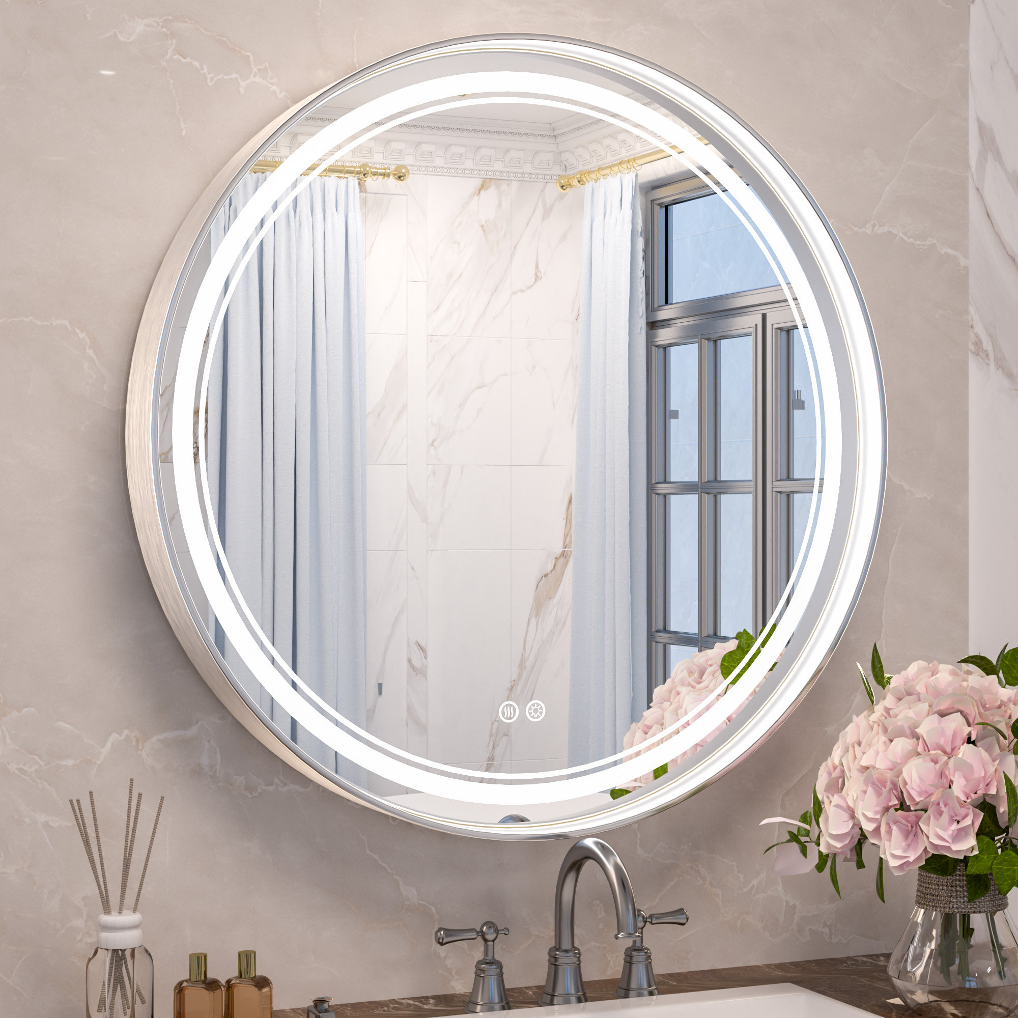 Latitude Run® Lawnmount Round Vanity Mirror LED Lighted Metal Wall ...