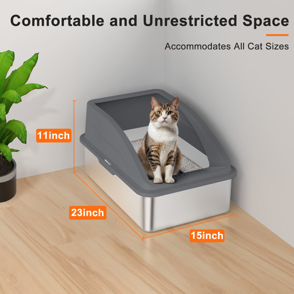 Ivy Bronx Open-Top Stainless Steel Cat Litter Box With High Sides And ...