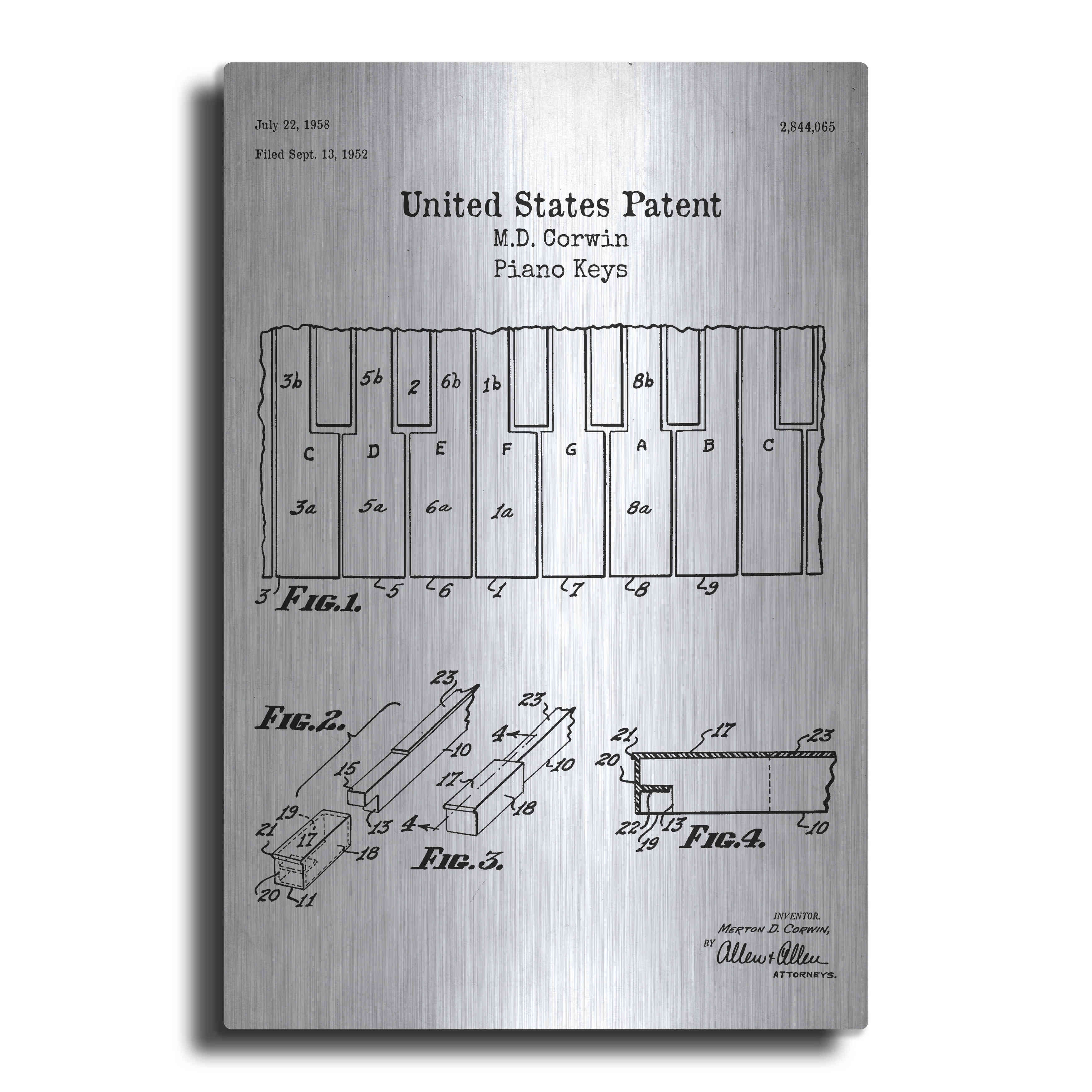 17 Stories Piano Keys Blueprint Patent White On Metal by Patents Print ...