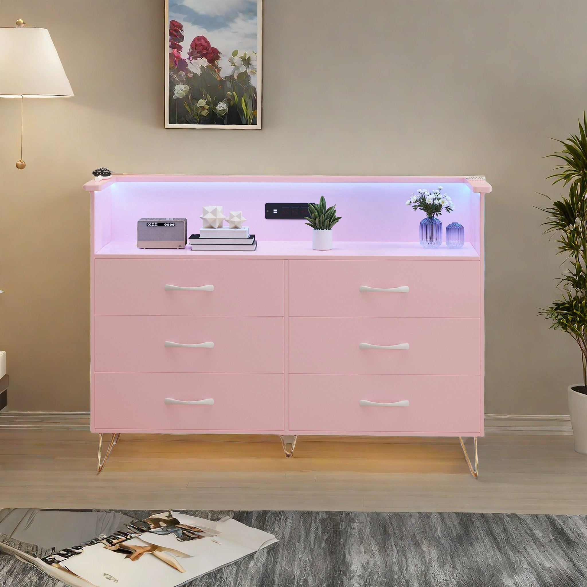 Wrought Studio™ 6 Drawer Dresser With Power Outlet & Led Light, Chest ...