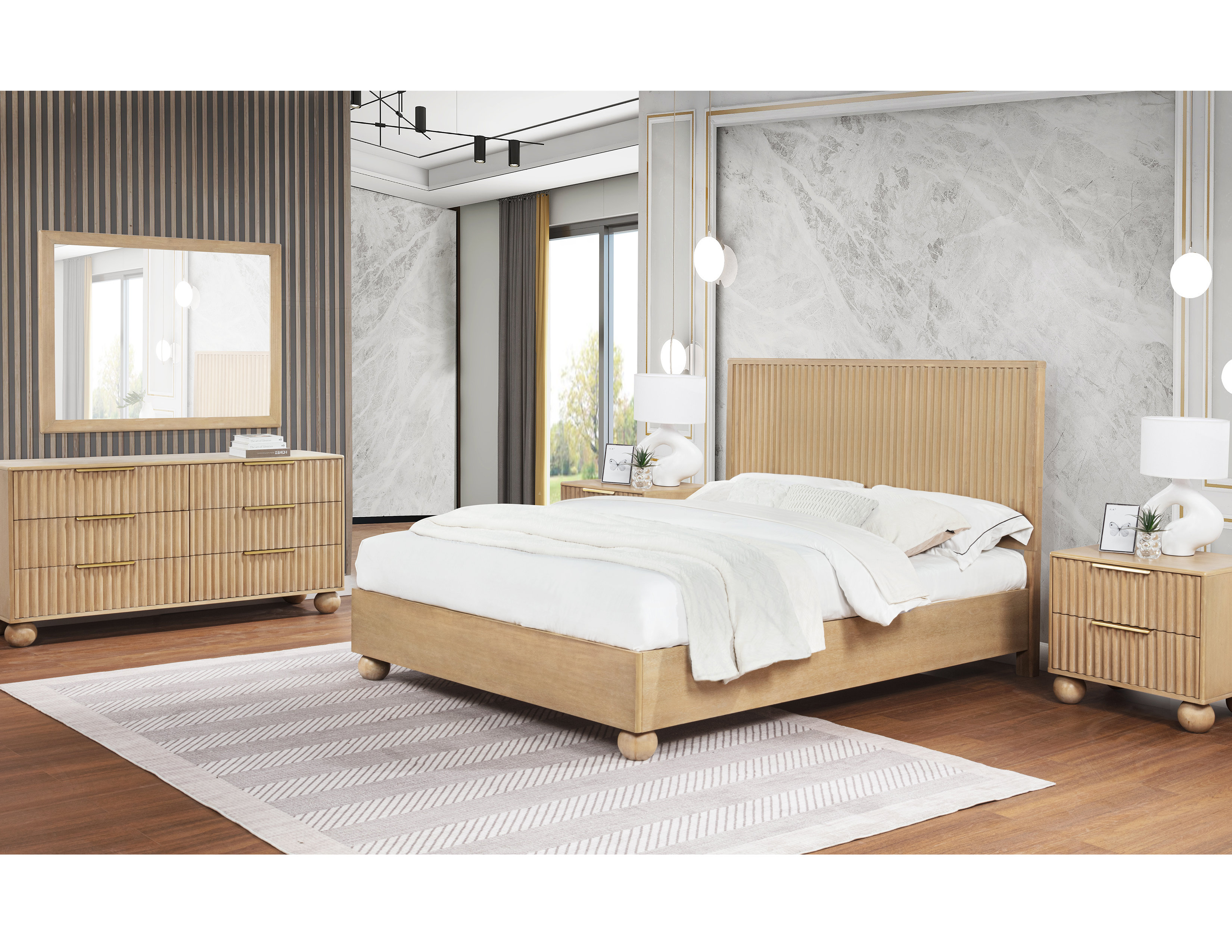 Latitude Run® Atlas Light Oak Fluted Platform 5 Pieces Bedroom Set | Wayfair