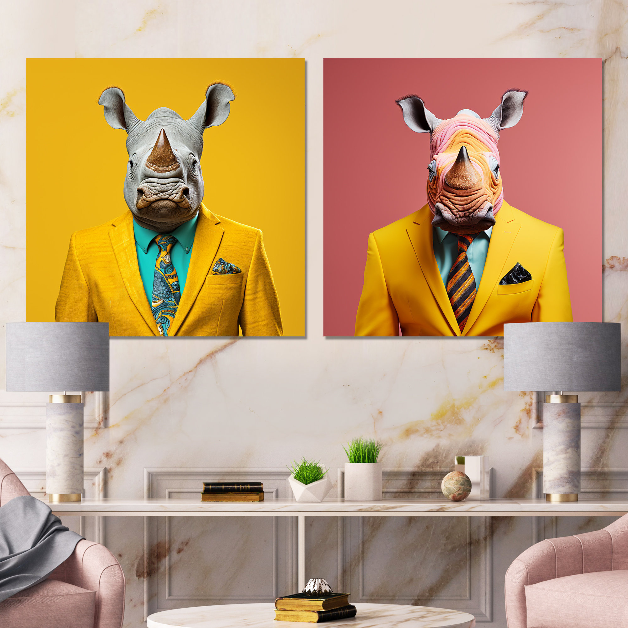 Trinx Suited Up Rhino In Yellow I - Rhino Metal Wall Art Square Set Of ...