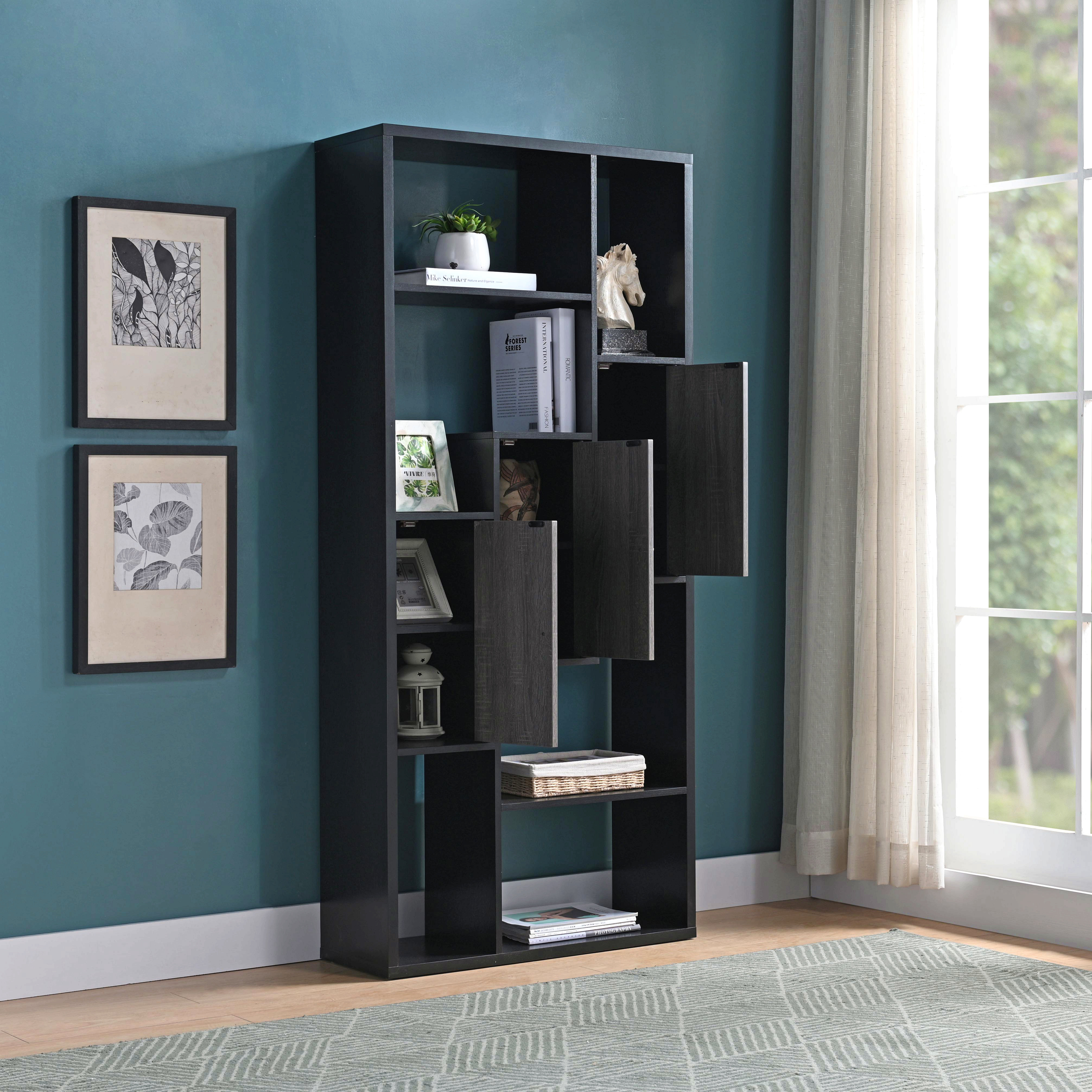Ebern Designs Bookcase Display Storage Cabinet, Multi Shelves Black ...