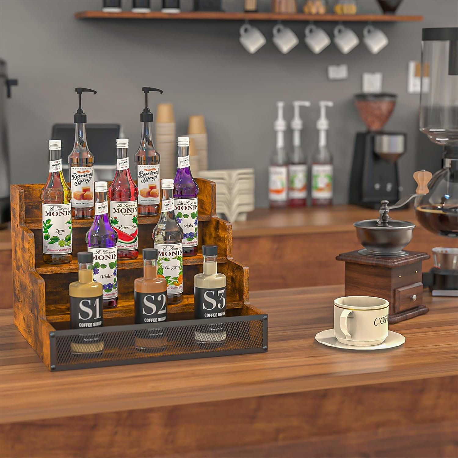 17 Stories 4 Step Countertop Liquor Bottle Display Shelf, Wood Bar ...