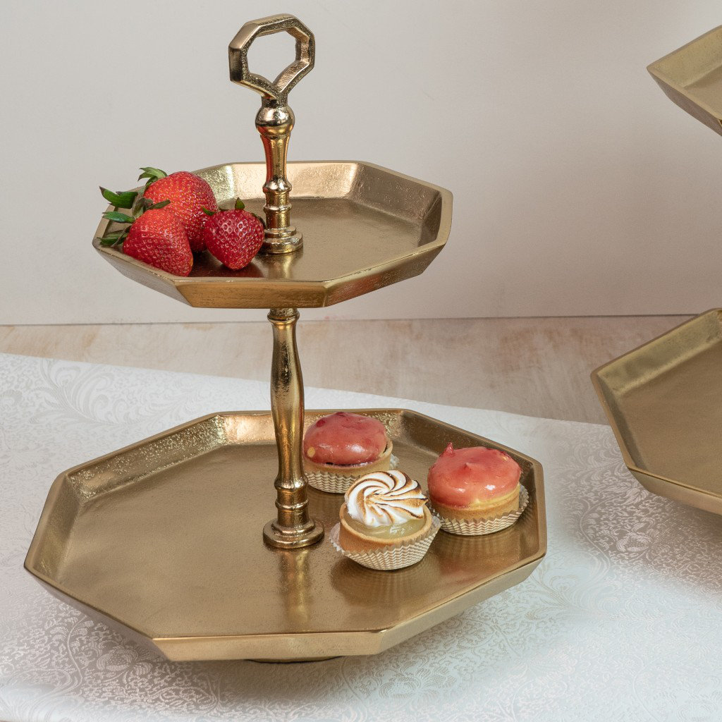 Rosdorf Park 11" Gold Octagon Solid Color Two Tier Tray | Wayfair