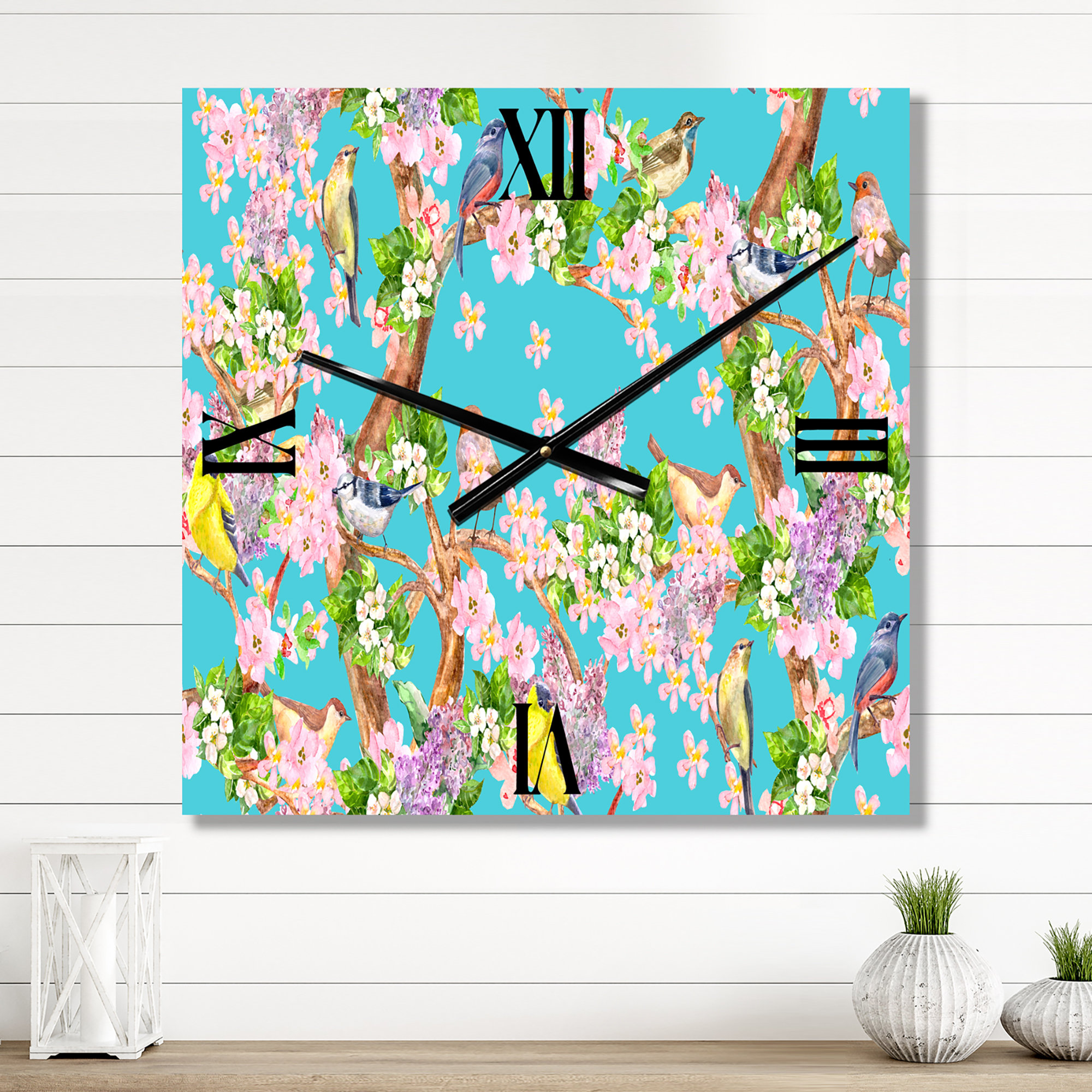 East Urban Home Little Birds Sitting on Spring Flow Wall Clock | Wayfair