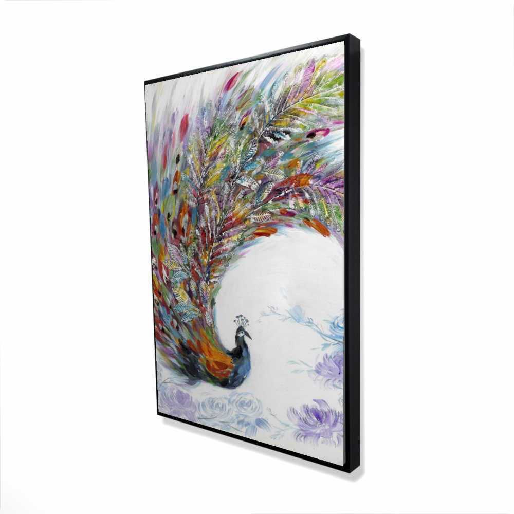 Begin Edition International Inc. Peacock with Flowers - Purple Framed Canvas Art | Wayfair