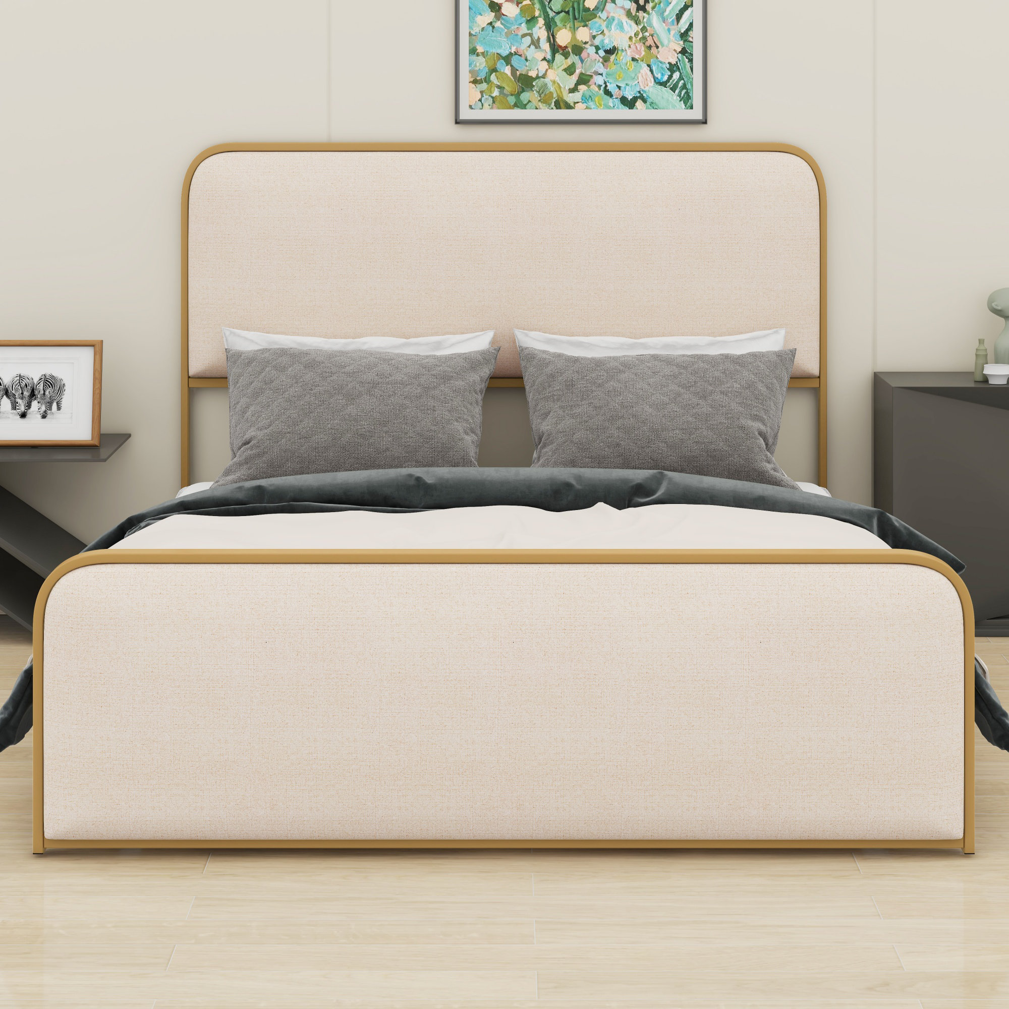 Latitude Run® Metal Bed Frame With Curved Upholstered Headboard And ...