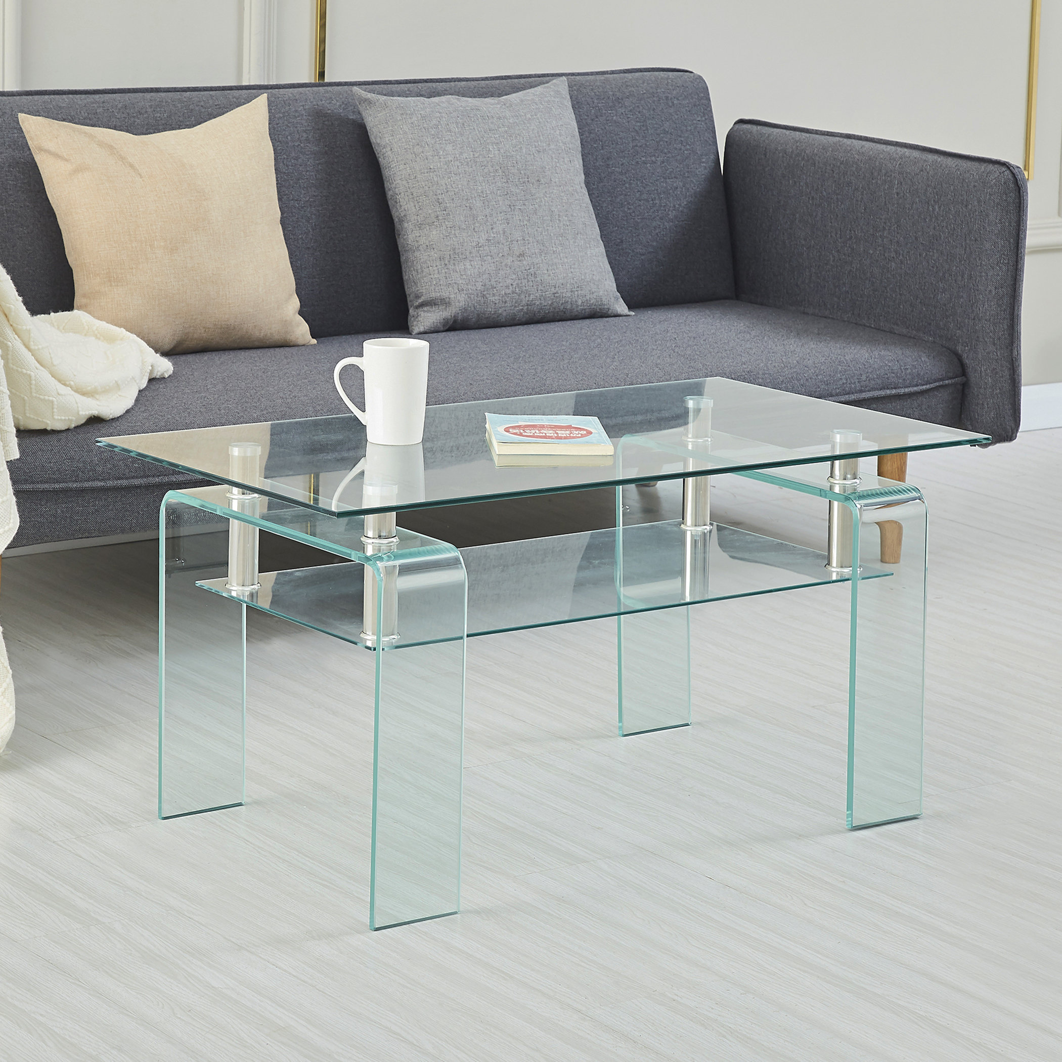 Ivy Bronx Rectangle Clear Glass Coffee Table, Modern Glass Coffee Table ...